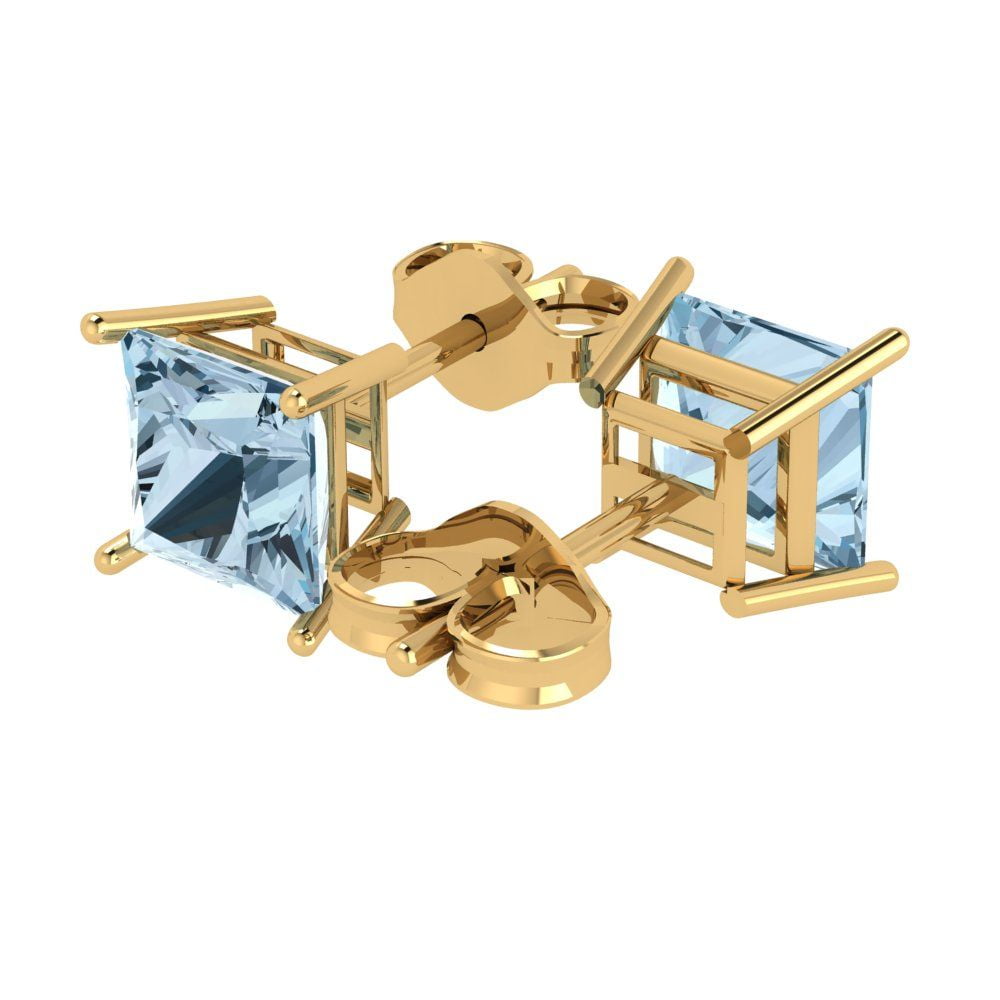 3 Ct Princess Cut Studs Blue Natural Aquamarine 14K Yellow Solid Solid ...