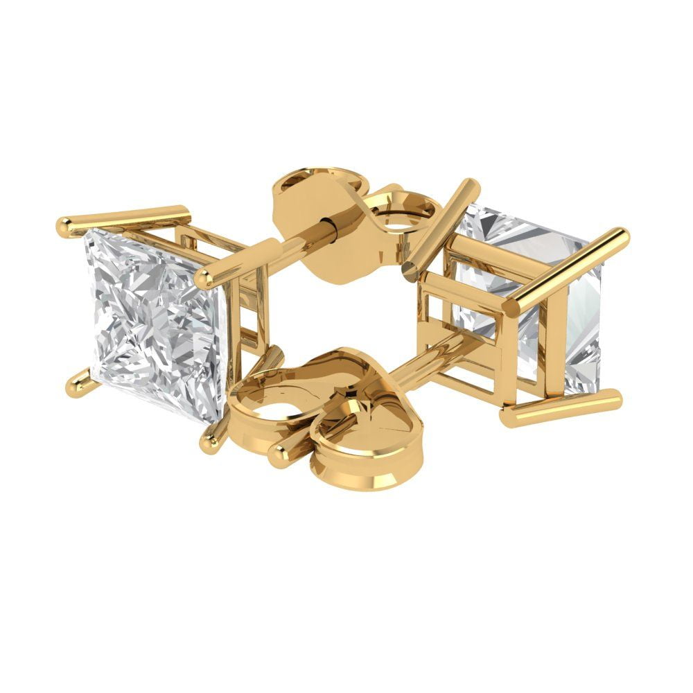 3 Ct Princess Cut Studs Clear Crystal 18K Yellow Solid Gold Everyday ...