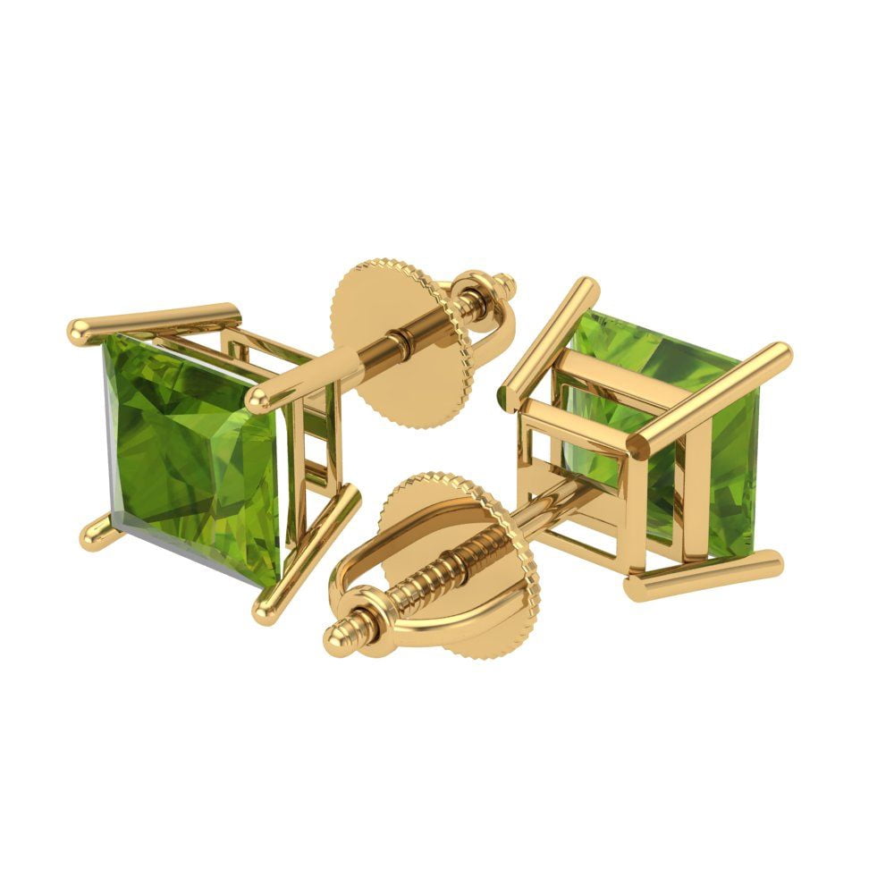 3 Ct Princess Cut Studs Green Natural Peridot 14K Yellow Solid Solid ...