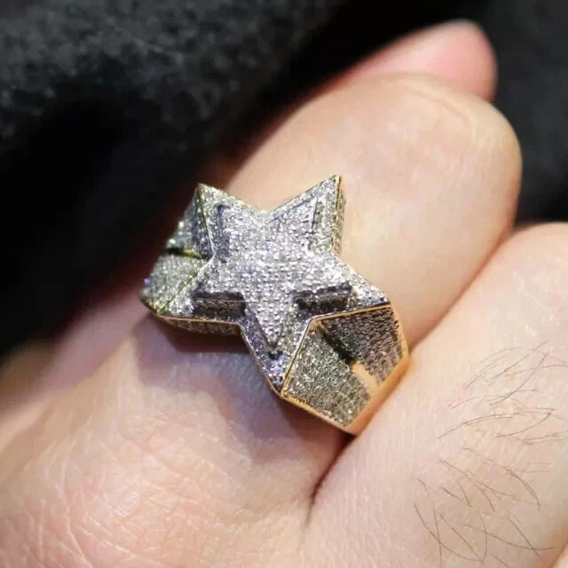 3 Ct Round Simulated Diamond Men's Star Pinky Ring 14k Yellow Gold ...