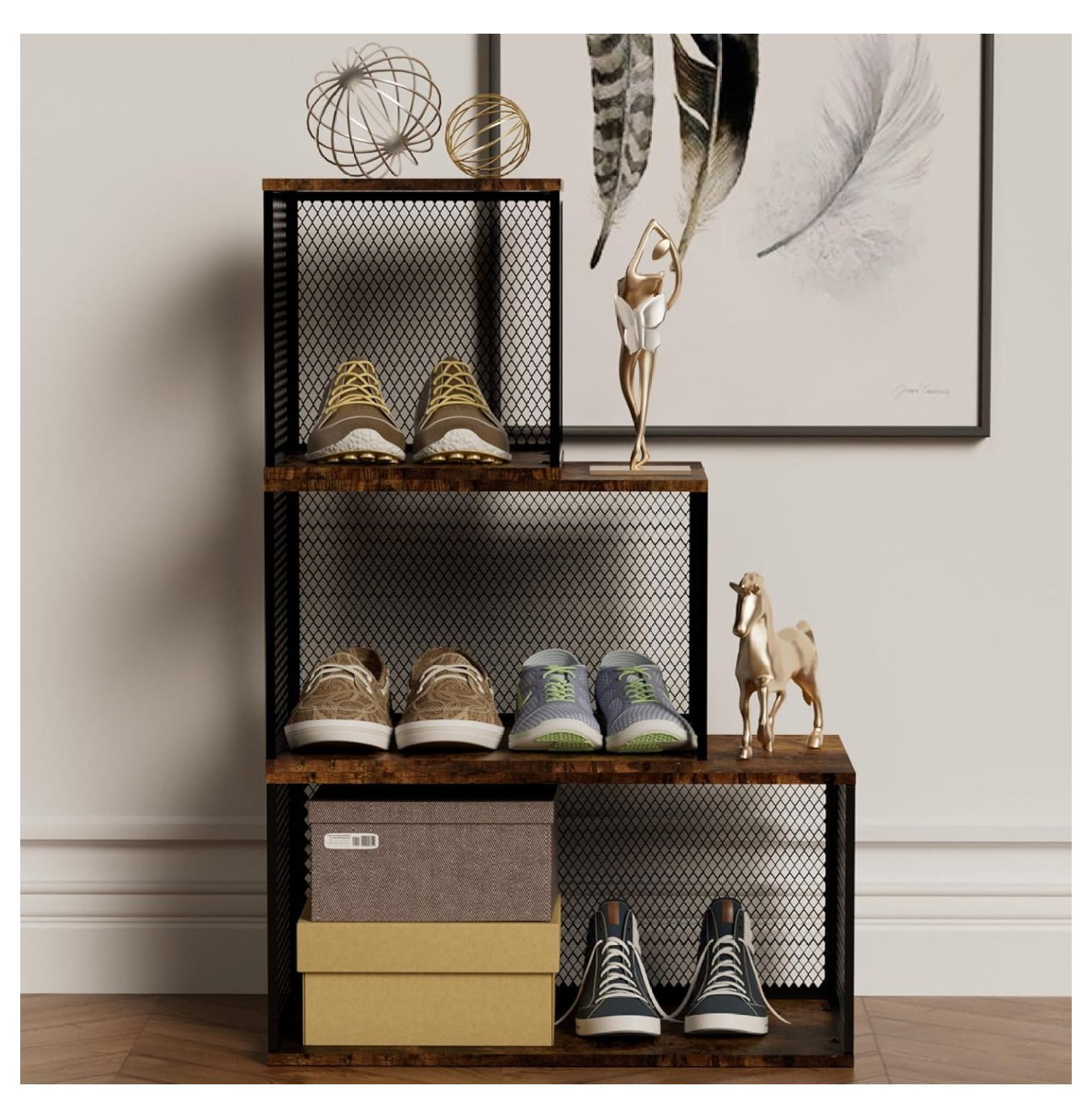 3-Cube Bookcase with 3 Sizes, Wood & Metal 3 Tier Bookshelf for Small ...