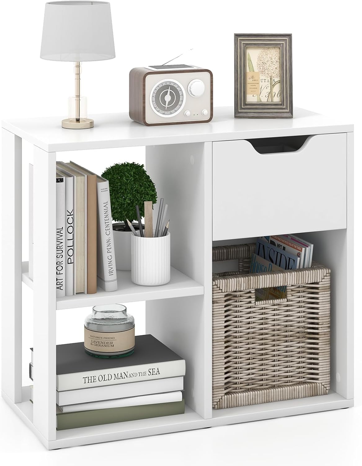 3-Cube Bookshelf with Drawer, 2-Tier Open Shelf Bookcase, Freestanding ...