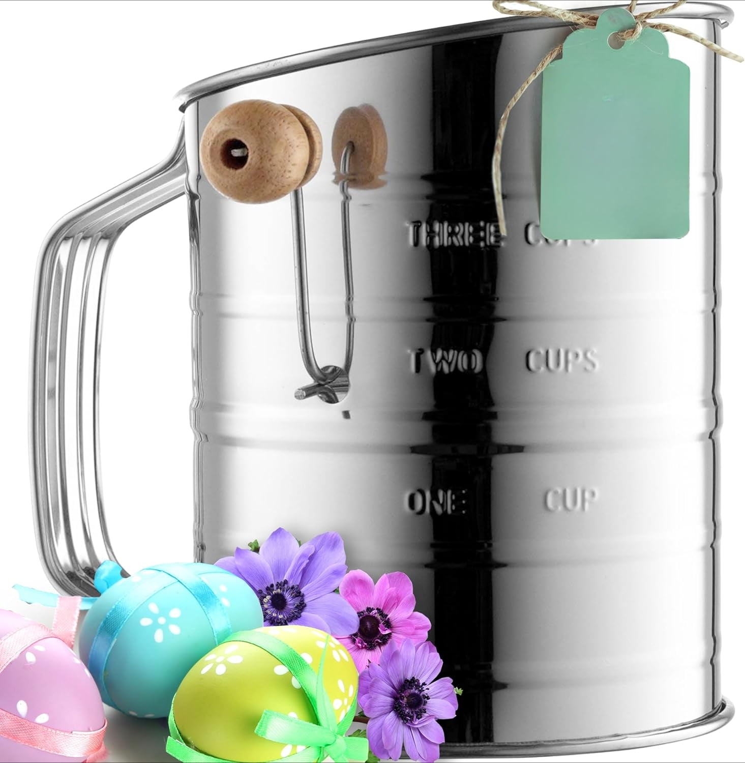 3 Cup Flour Sifter for Baking Fine Mesh Rotating Hand Crank Handle with ...