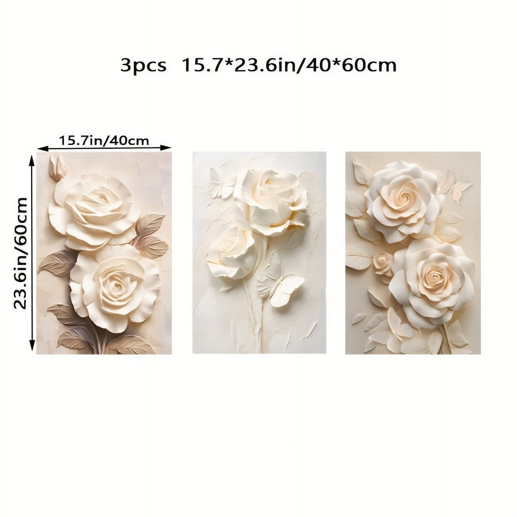 3 Cute White Rose Canvas Painting, Frameless Modern Art Decoration ...
