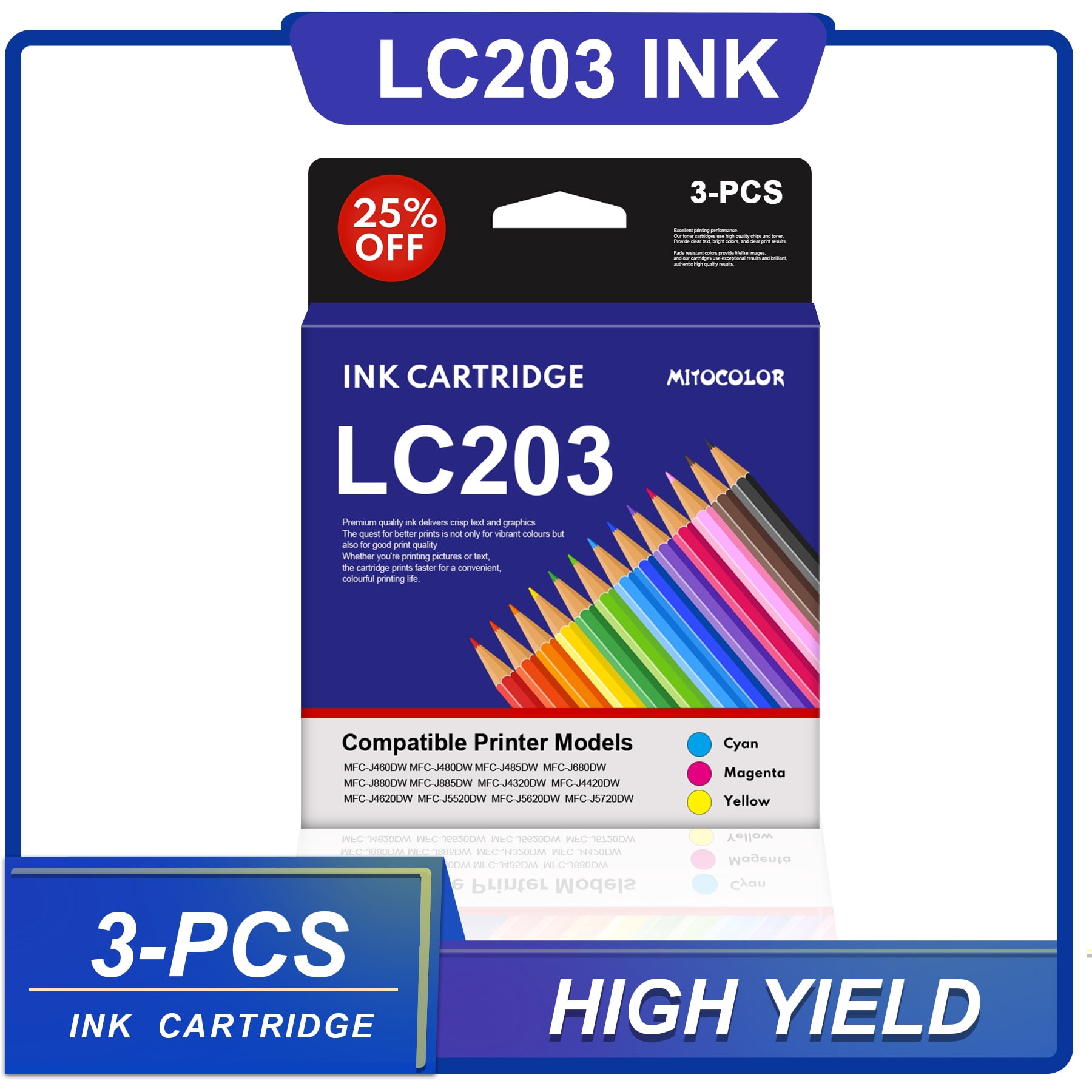 (3-Cyan,Magenta,Yellow) LC203 Ink Cartridge Replacement for Brother MFC ...