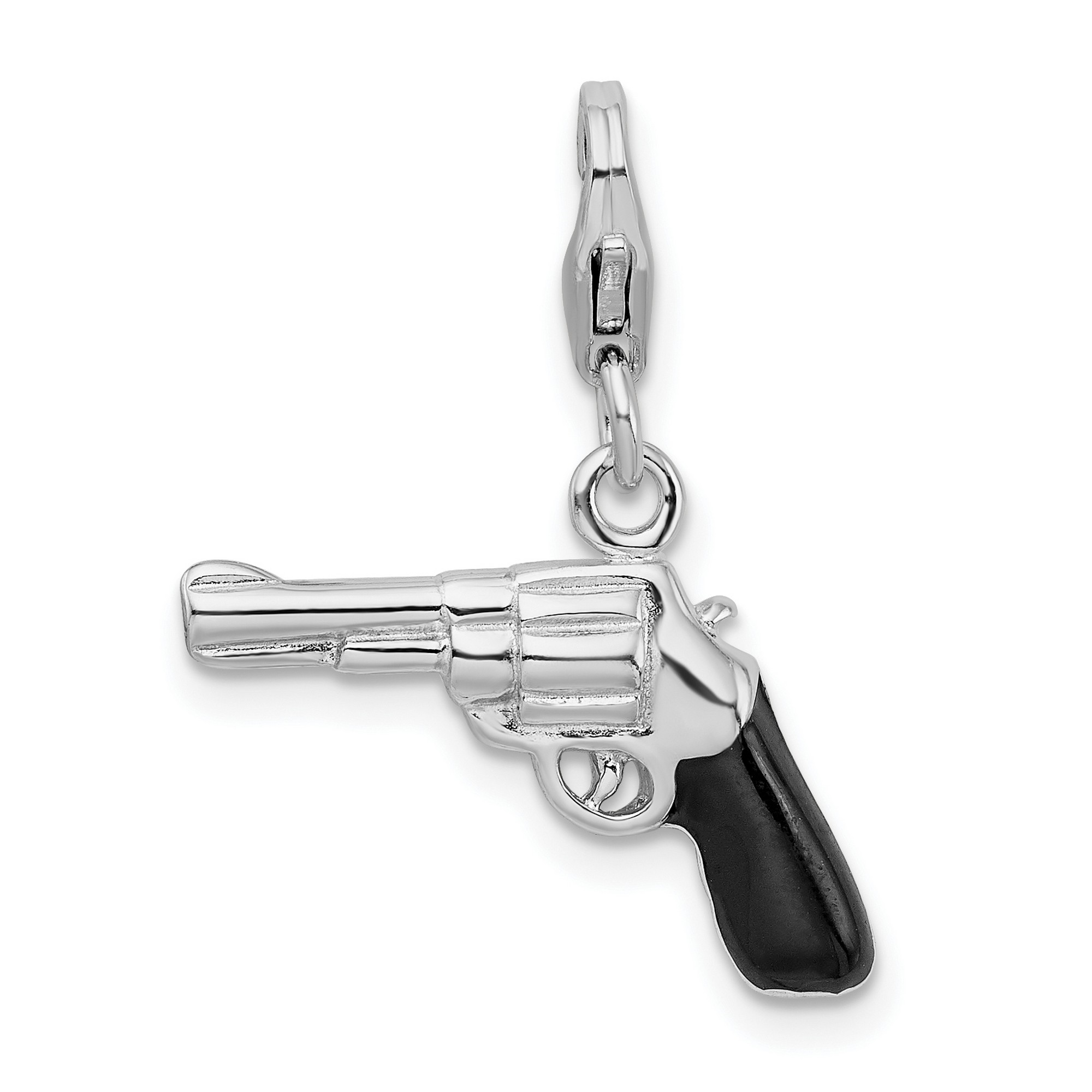 3-D Black Revolver Pistol Clip-On Pendant In 925 Sterling Silver 24 mm ...