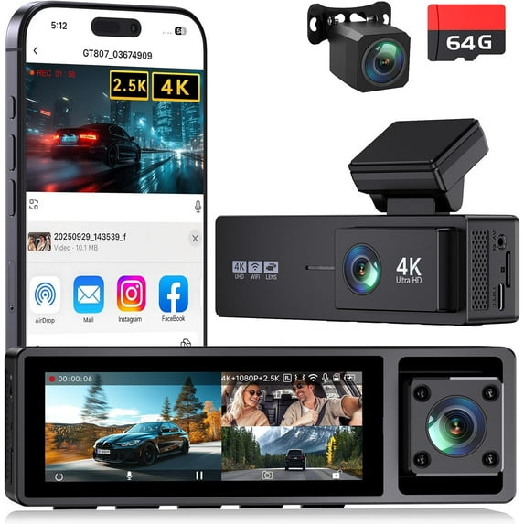 3 Dash Cam Front and Rear, 4K+2.5K+1080P Front and Rear Inside, 3.2 ...