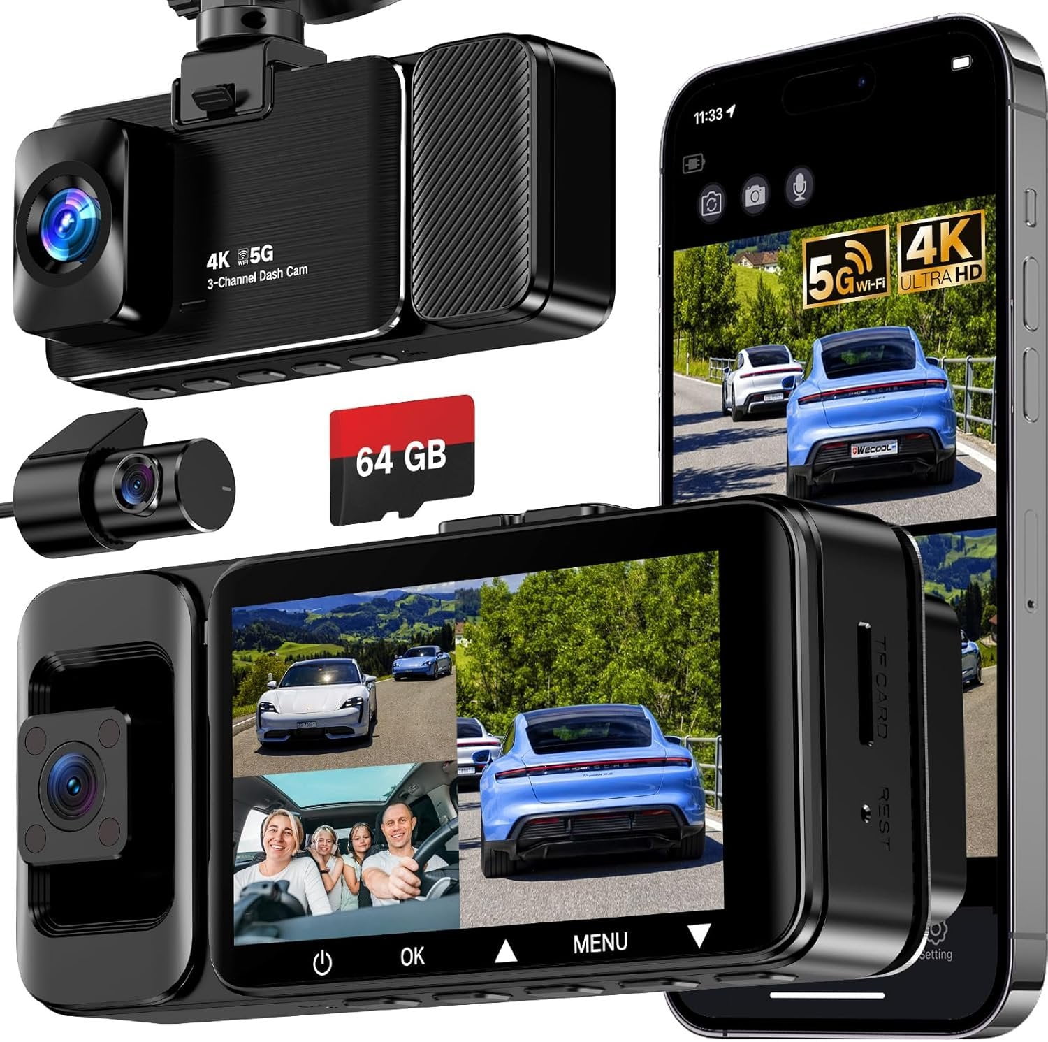 3 Dash Cam Front and Rear Inside, 4K & 470? Wide-Angle Full-View Dash ...