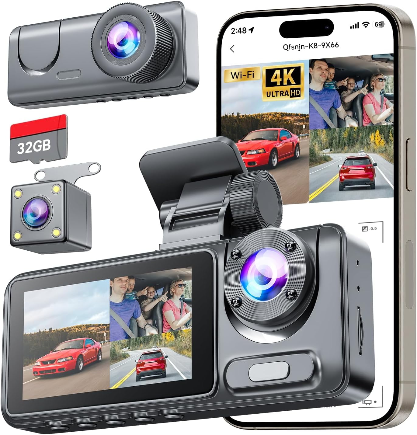 3 Dash Cam for Front Rear Inside, 4K WiFi Dash Cam w/ 32GB Card, 2.0 ...