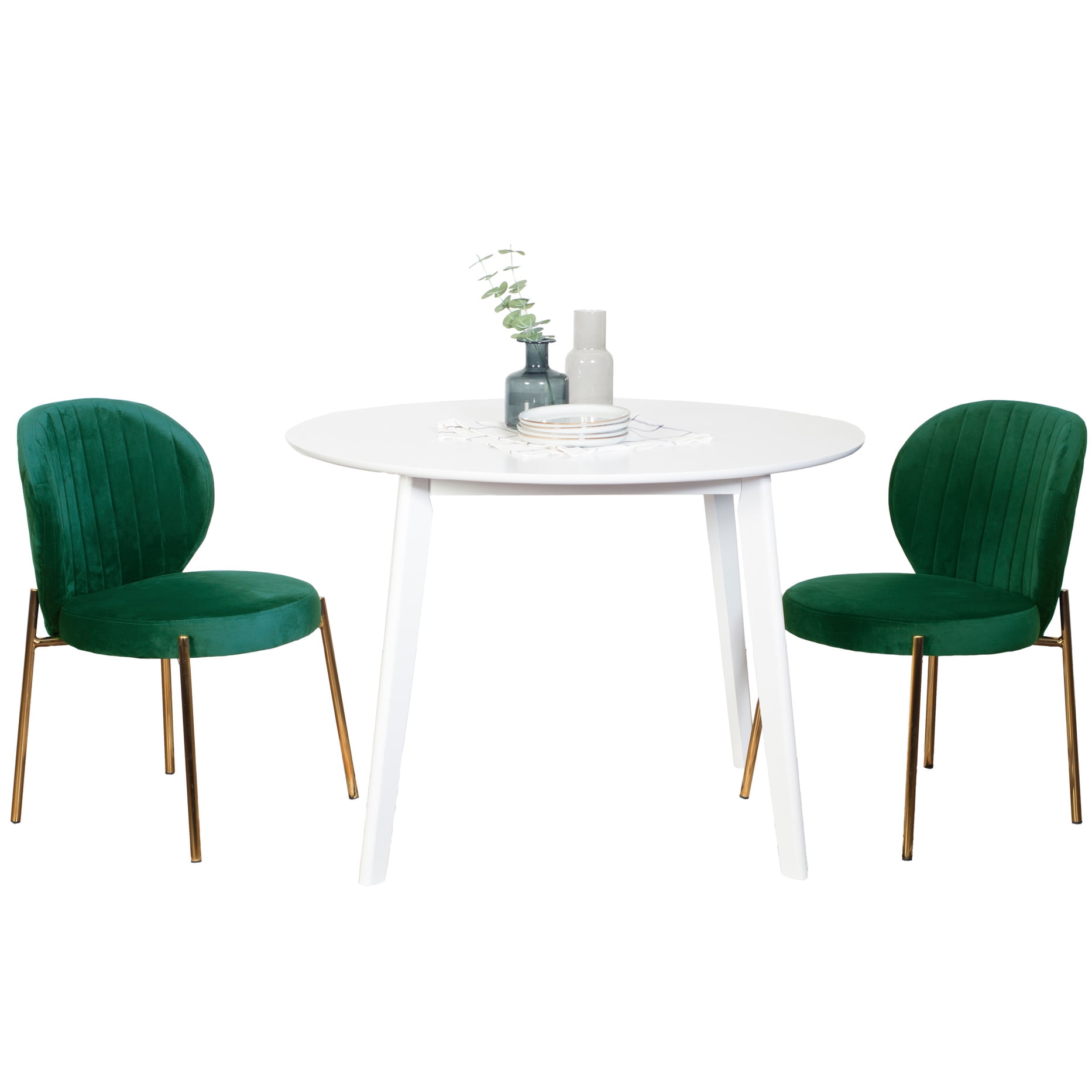 3 Dining - White Round Table With 2 Velvet Chairs And Rubberwood ...