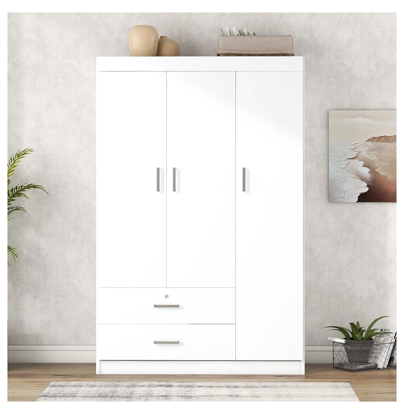 3-Door Large Wardrobe with 2 Storage Drawers, Modern Armoire -standing ...