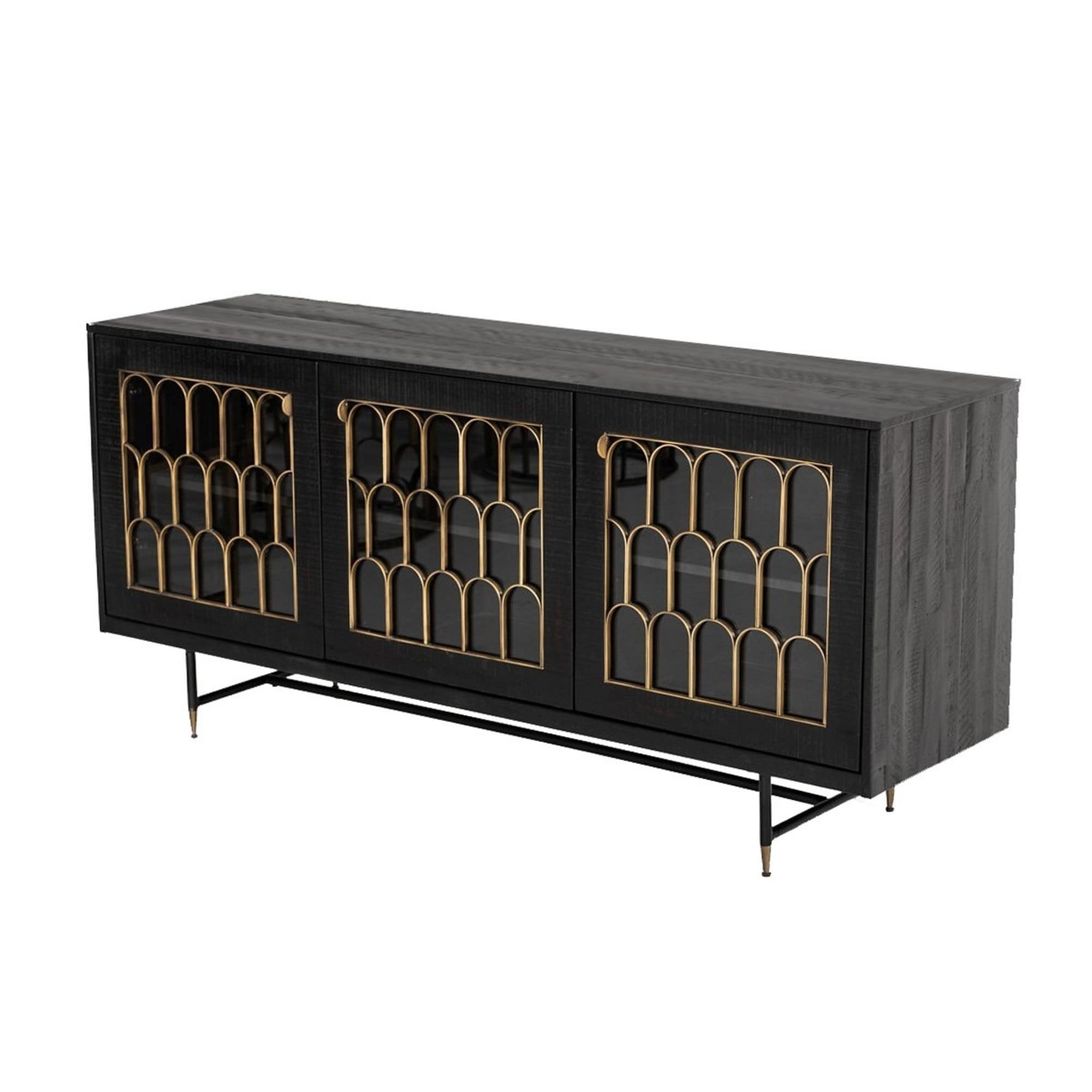 3 Door Storage Buffet with Glass Front and Arch Design, Gray and Clear ...