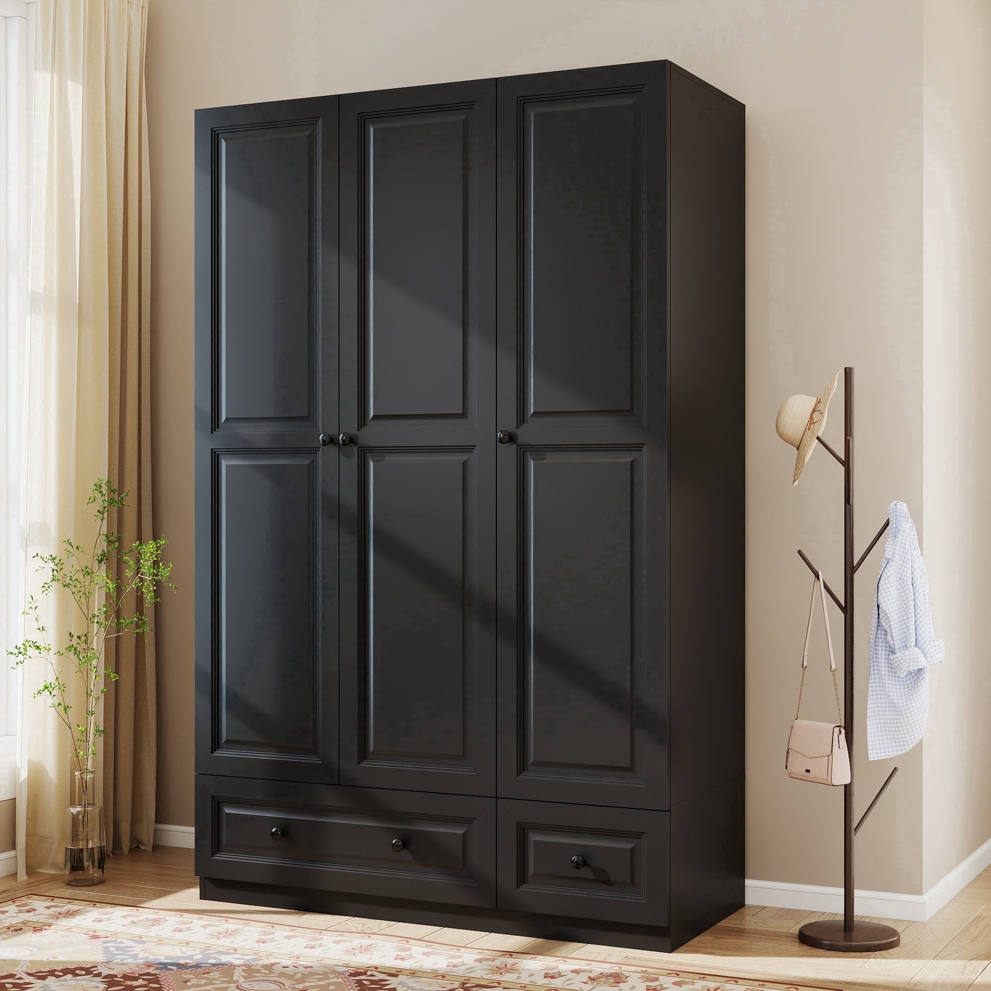 3 Door Wardrobe Closet with 2 Drawers, Wooden Armoire with Hanging Rod ...