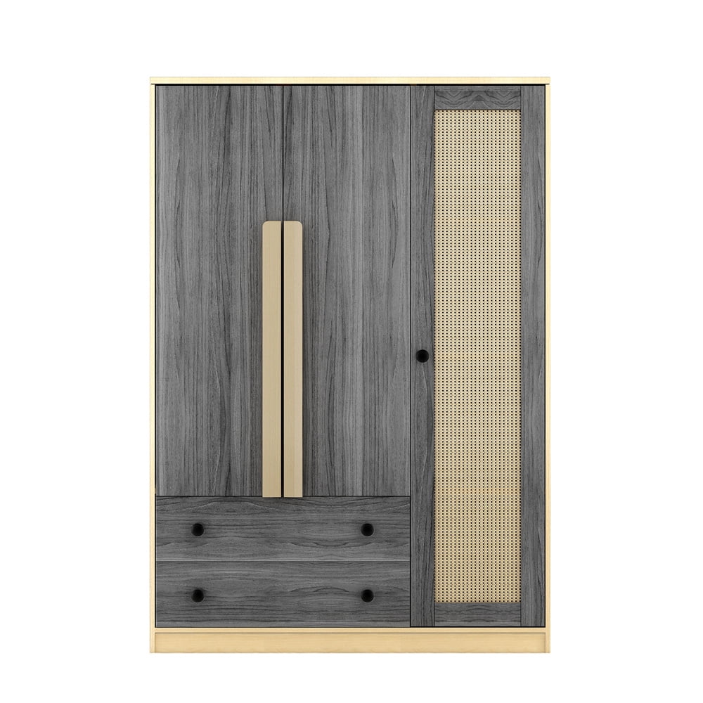 3-Door Wooden Rattan Wardrobe Closet with 2 Drawers | Gray & Natural ...