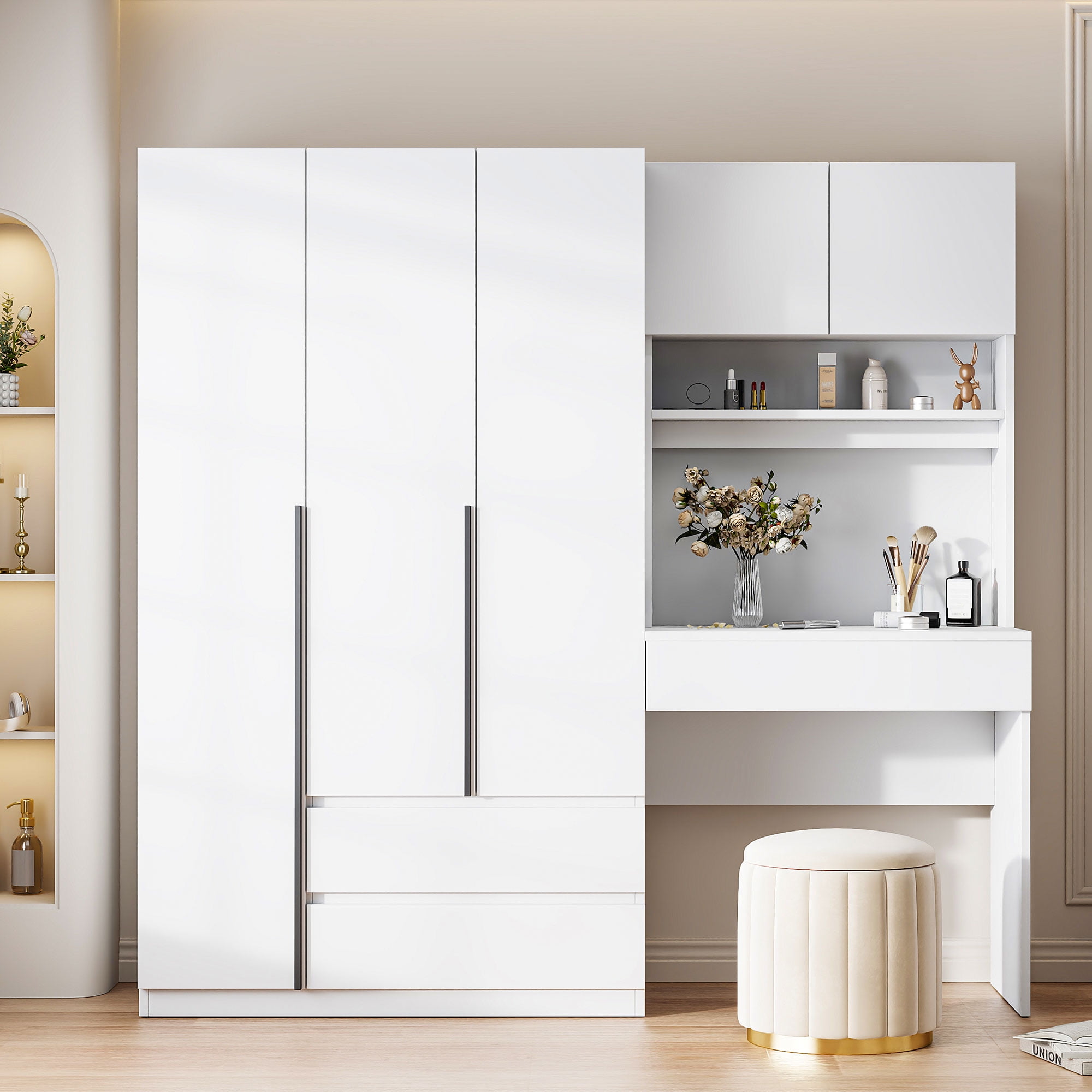 3-Door Wooden Storage Desk Wardrobe for Bedroom with Shelves and 3 ...