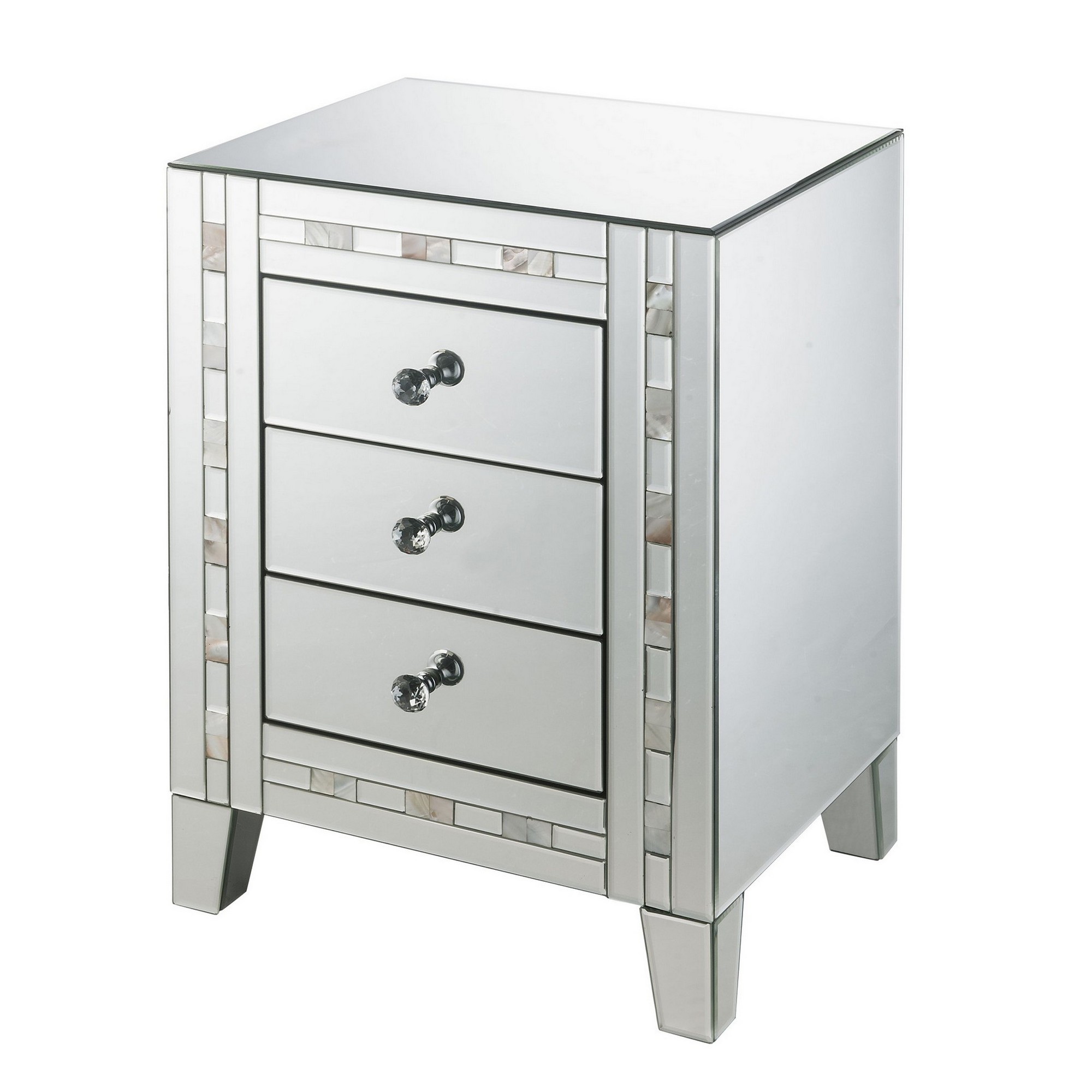 3 Drawer Beveled Mirrored Accent Table with Pearl Inlay,Silver,Silver ...