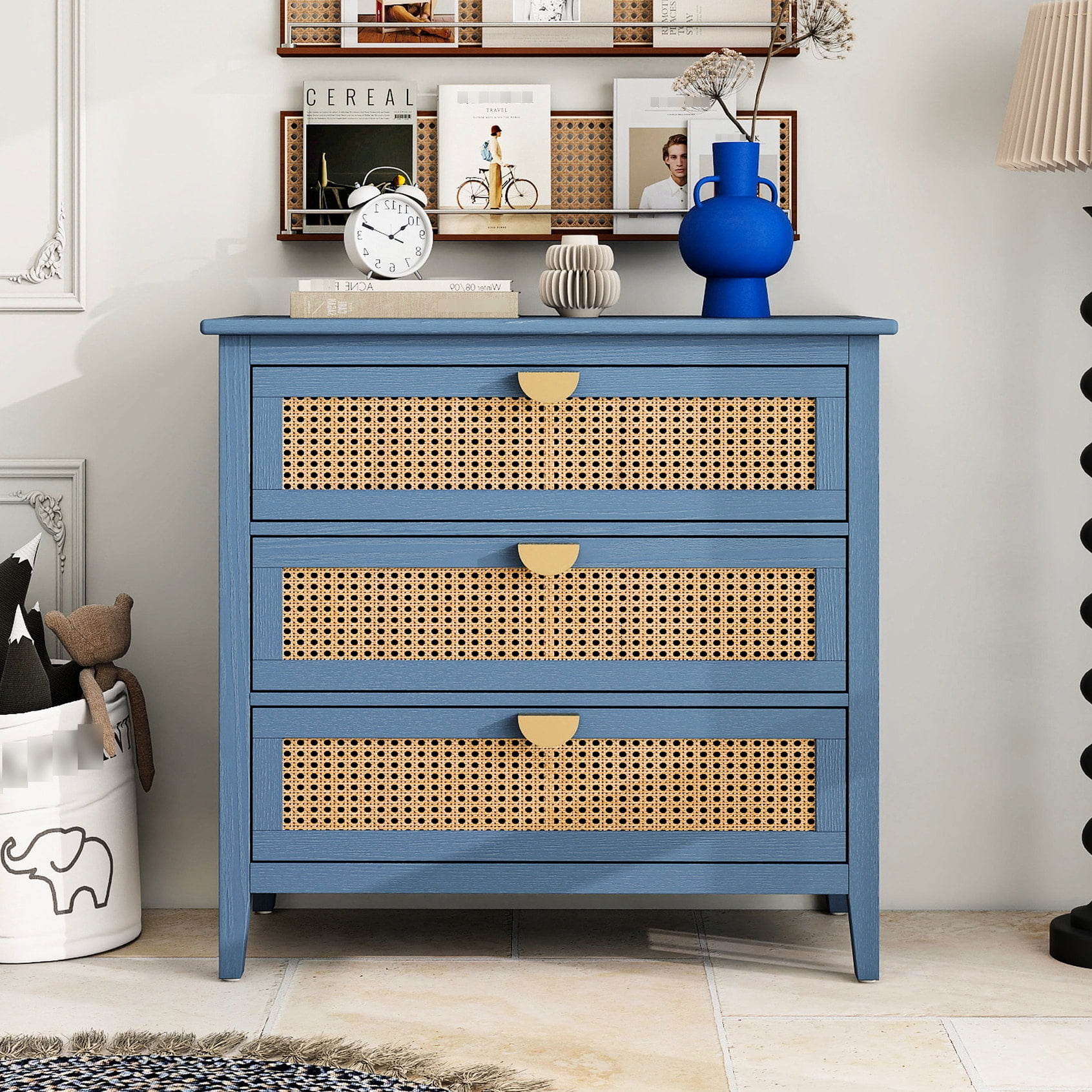 3 Drawer Cabinet, Blue MDF, Rattan Finish / Good Air Permeability in ...