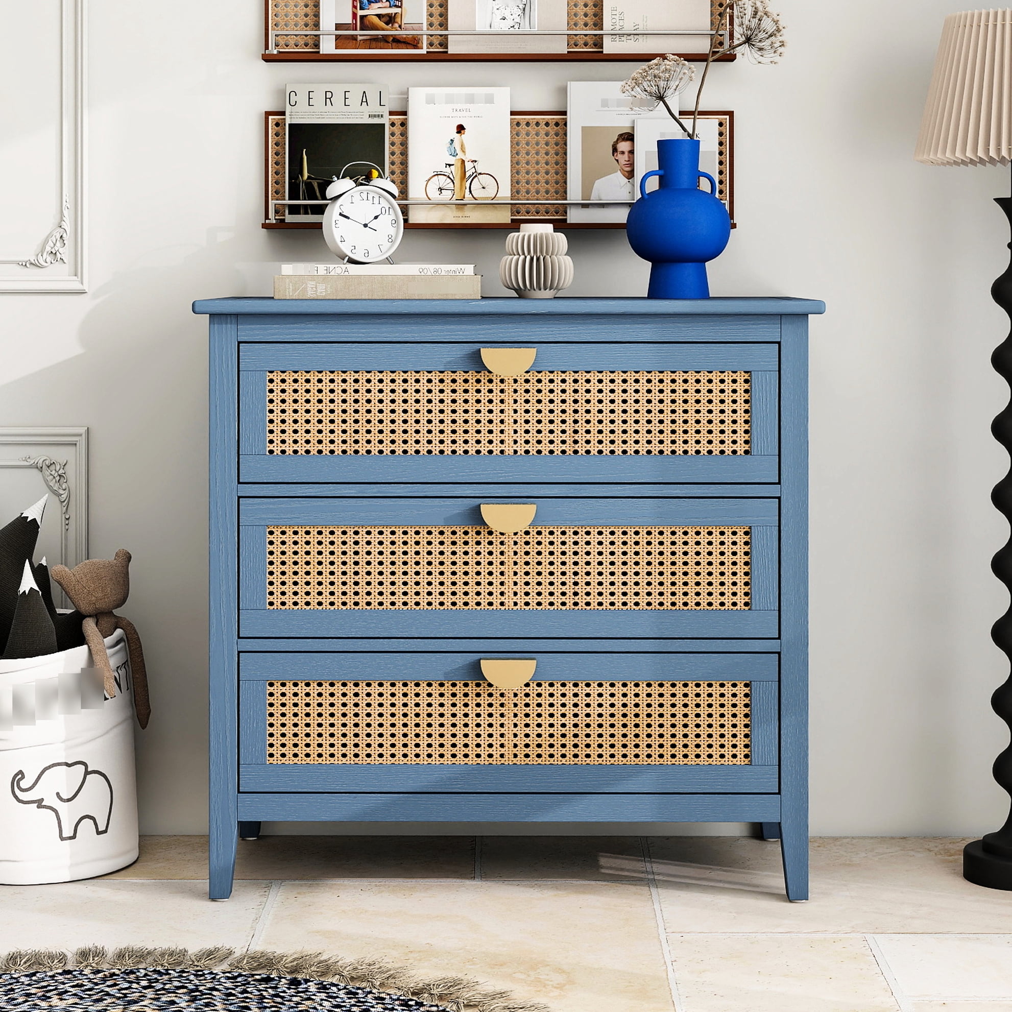 3 Drawer Cabinet With Blue And Natural Finish - For Bedroom, Living ...