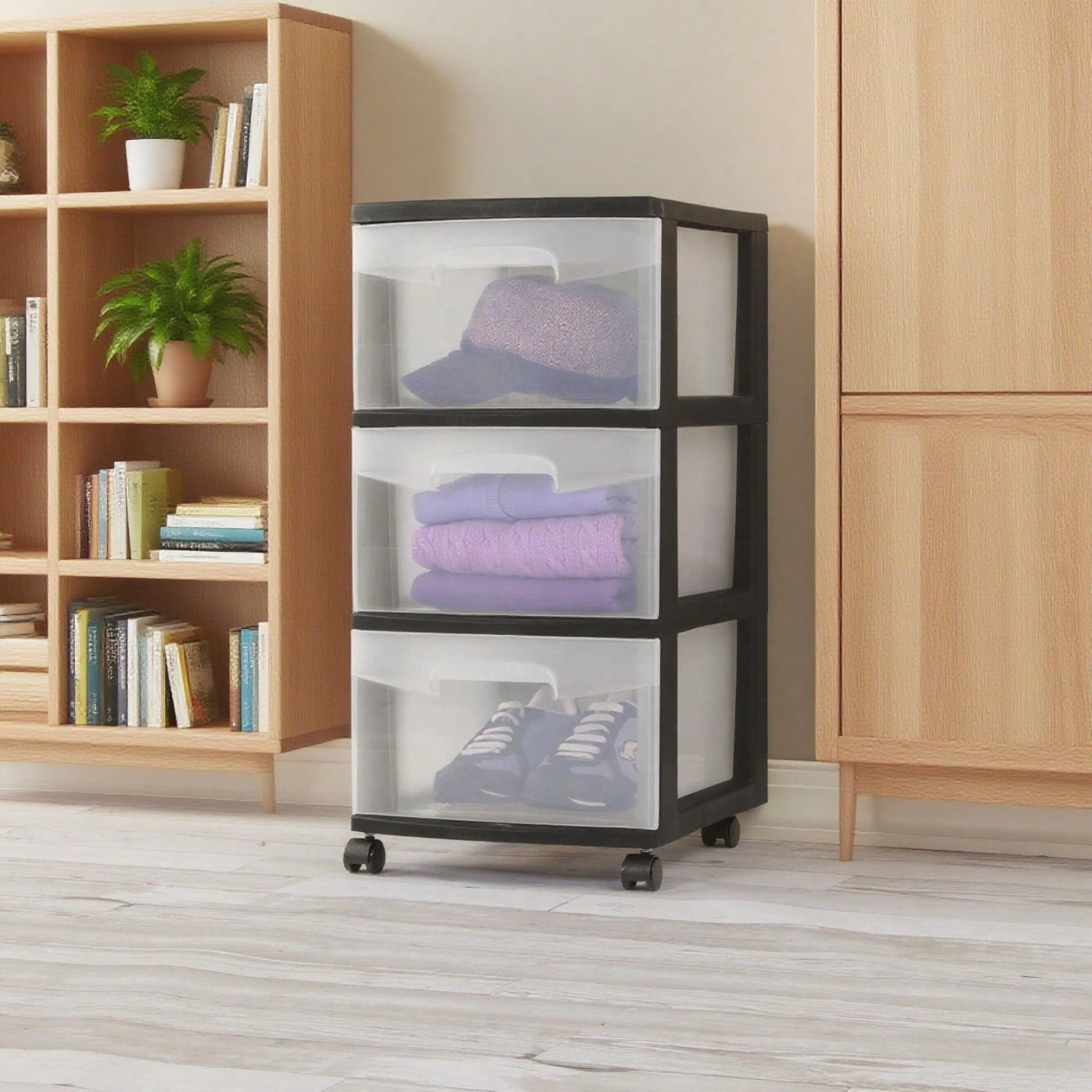 3 Drawer Cart, Clear Plastic Storage Drawers, Wheels Included, Black ...