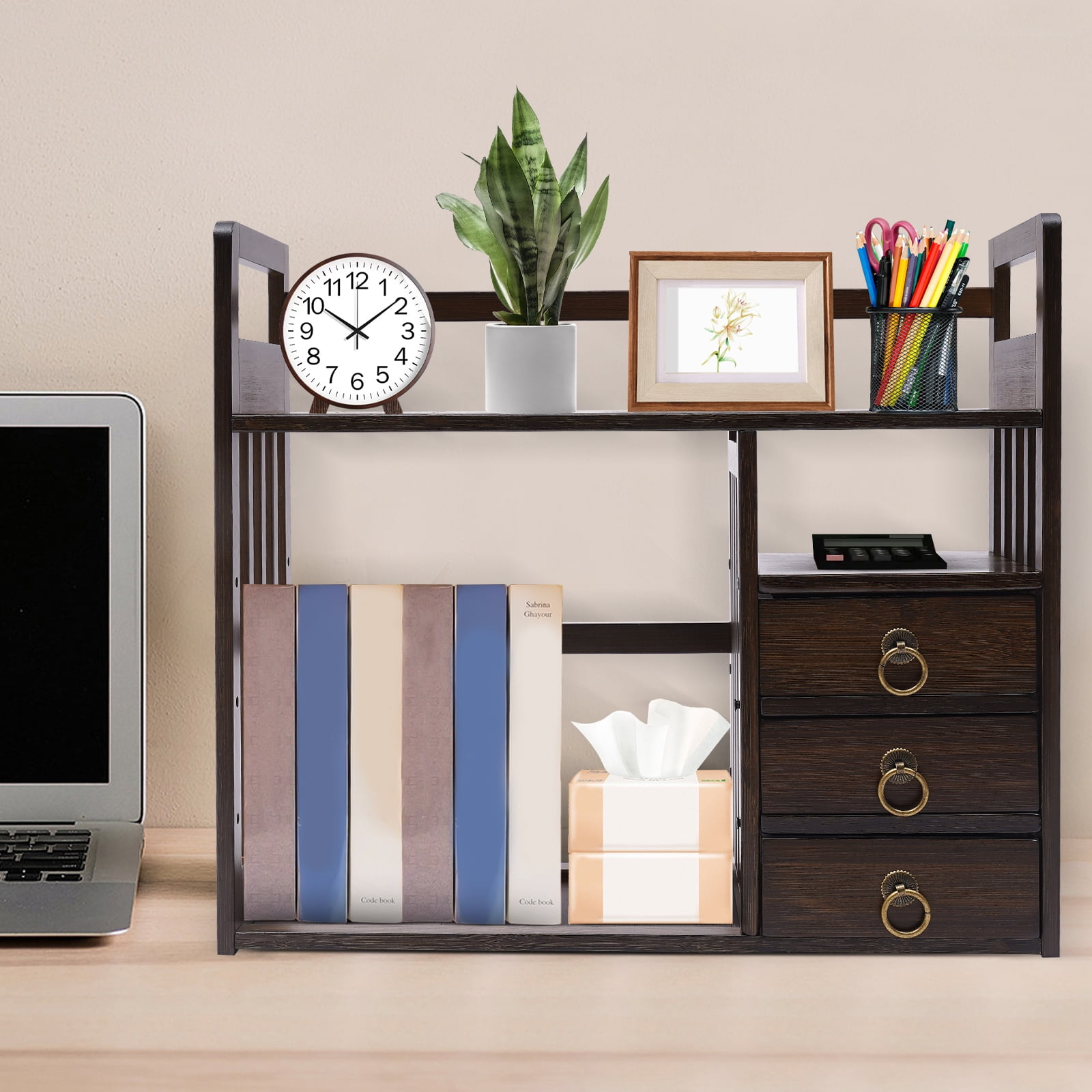 3-Drawer Desktop Bookshelf Bamboo Office Organizer with Guardrail 55lb ...
