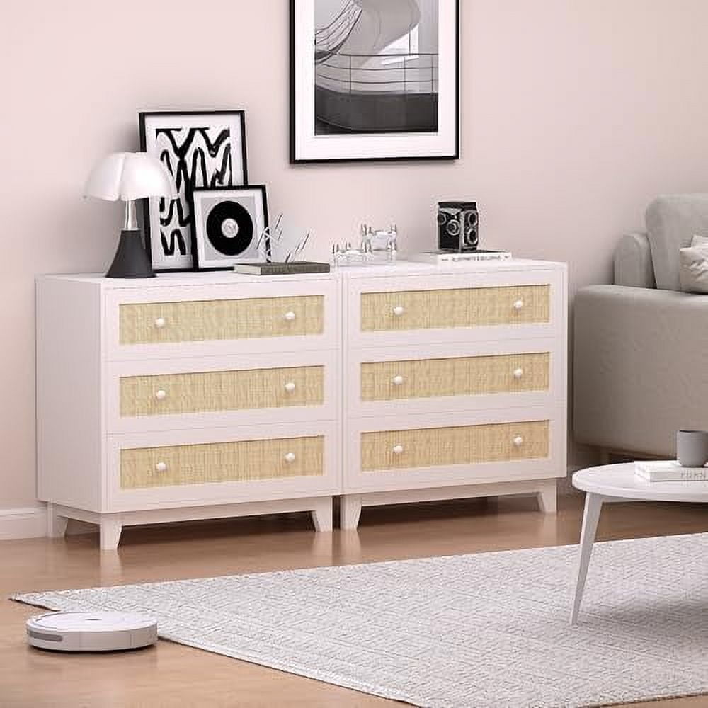 3 Drawer Dresser for Bedroom, Boho Small White Rattan Closet Dressers ...