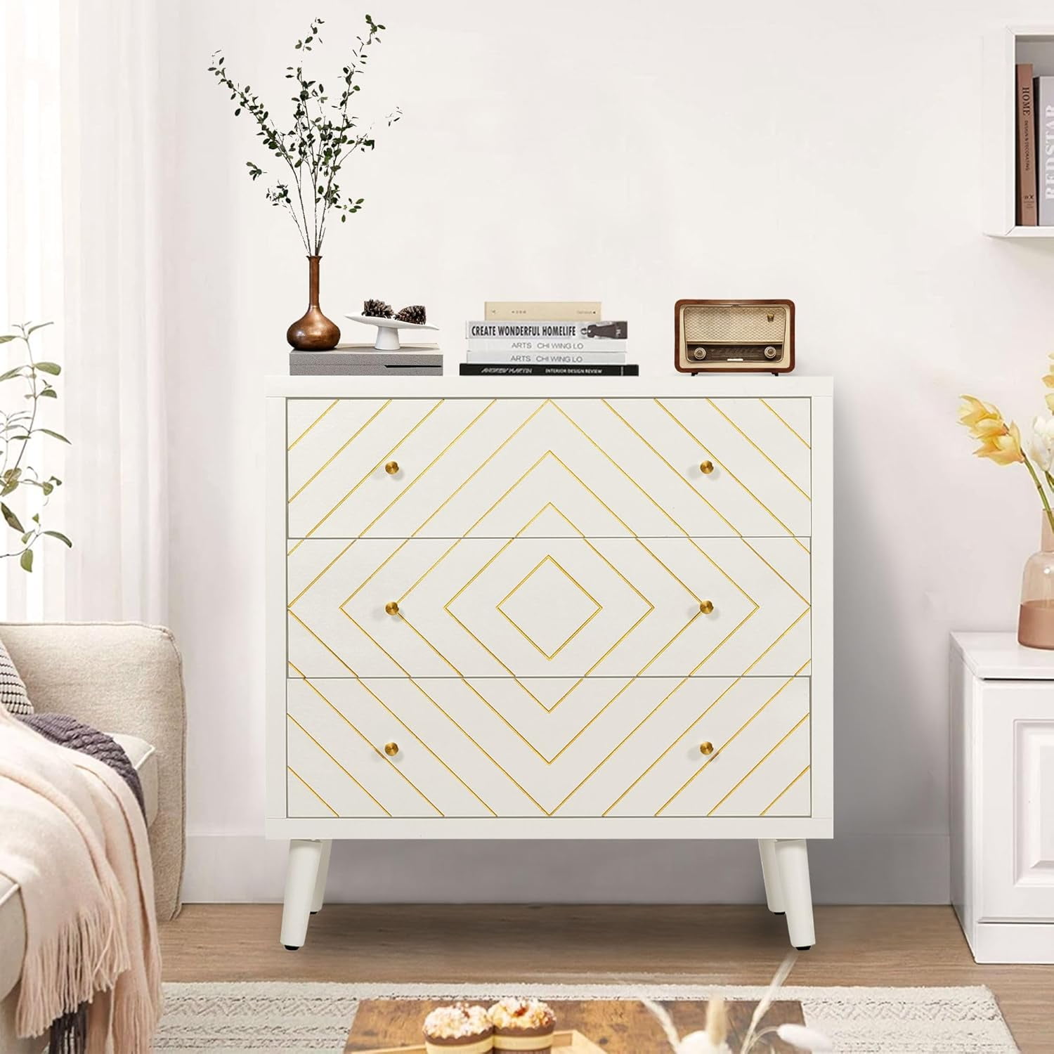 3 Drawer Dresser for Bedroom, Mid Century Modern Chest of Drawers, Wood ...