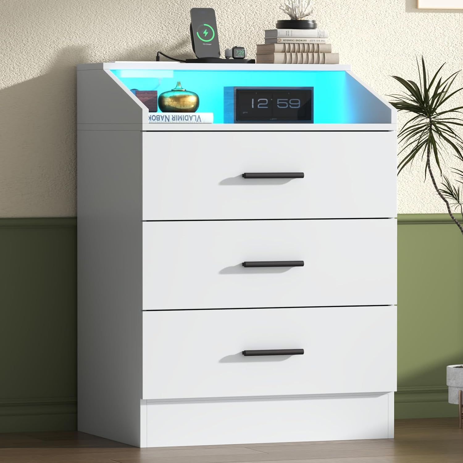 3 Drawer Dresser for Bedroom with Power Outlet, White Dresser with LED ...