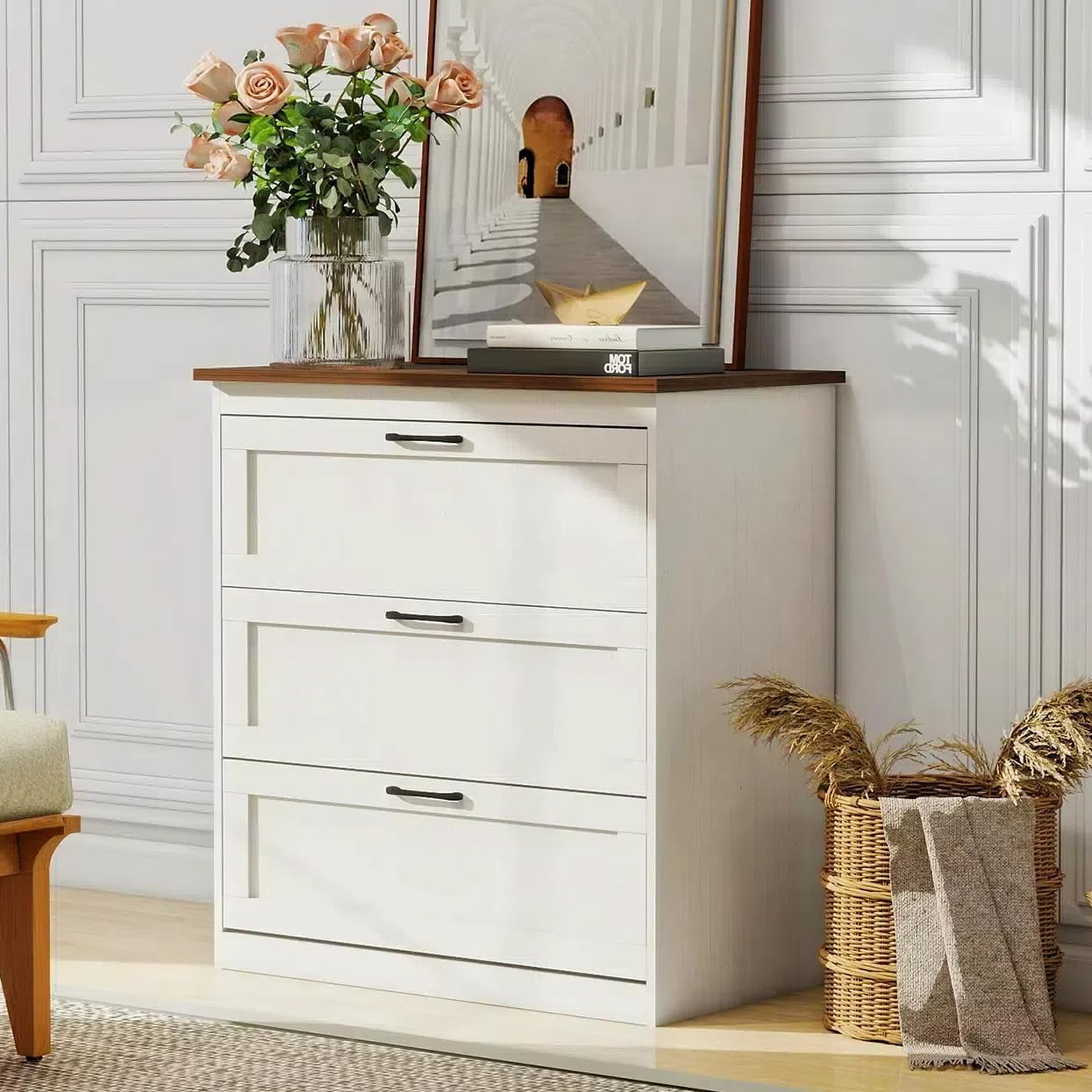 3 Drawer Dresser for Bedroom, White Chest of Drawers, Farmhouse Wood ...
