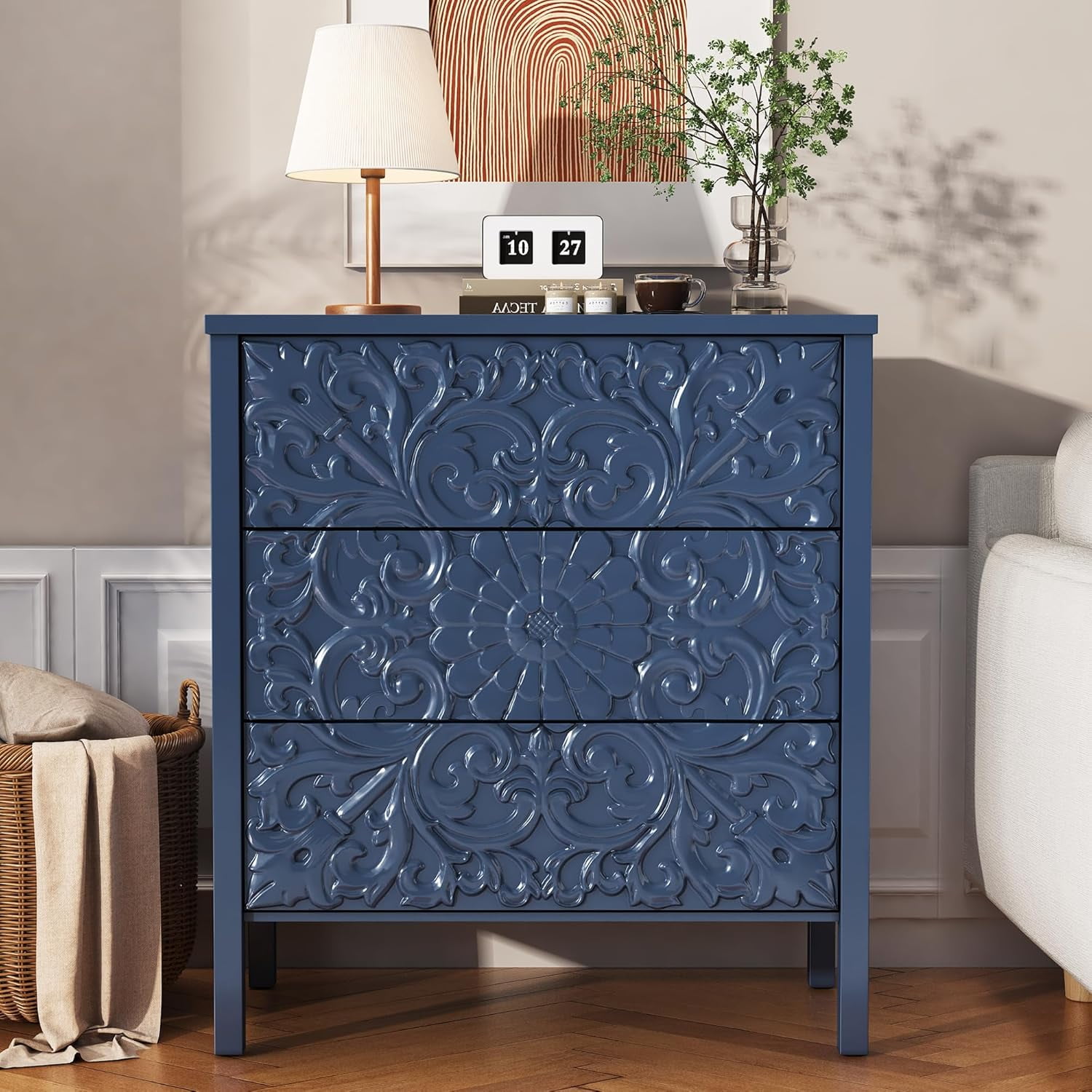 3-Drawer Dresser Chest, Modern Wooden Flower Motif Dresser with Wide ...