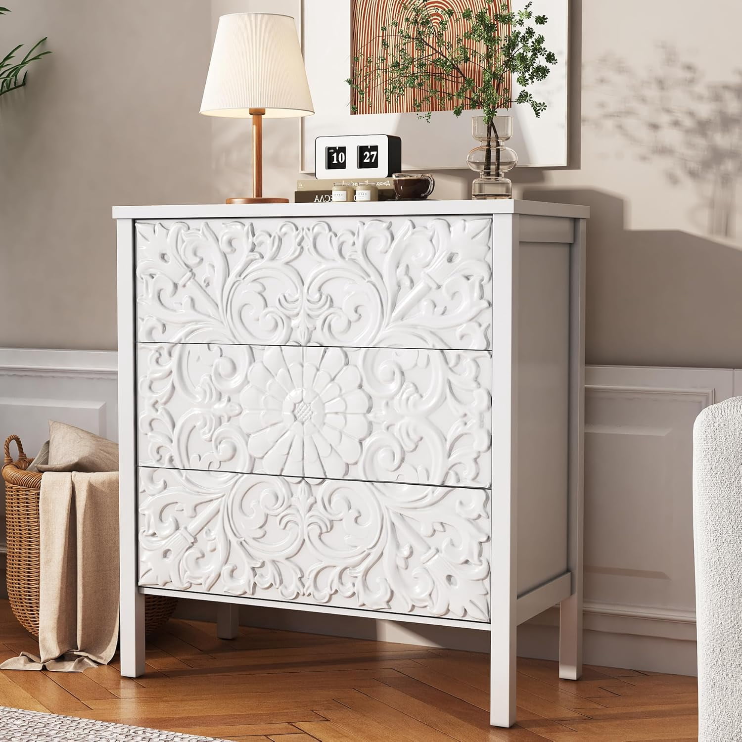 3-Drawer Dresser Chest, Modern Wooden Flower Motif Dressers with Wide ...