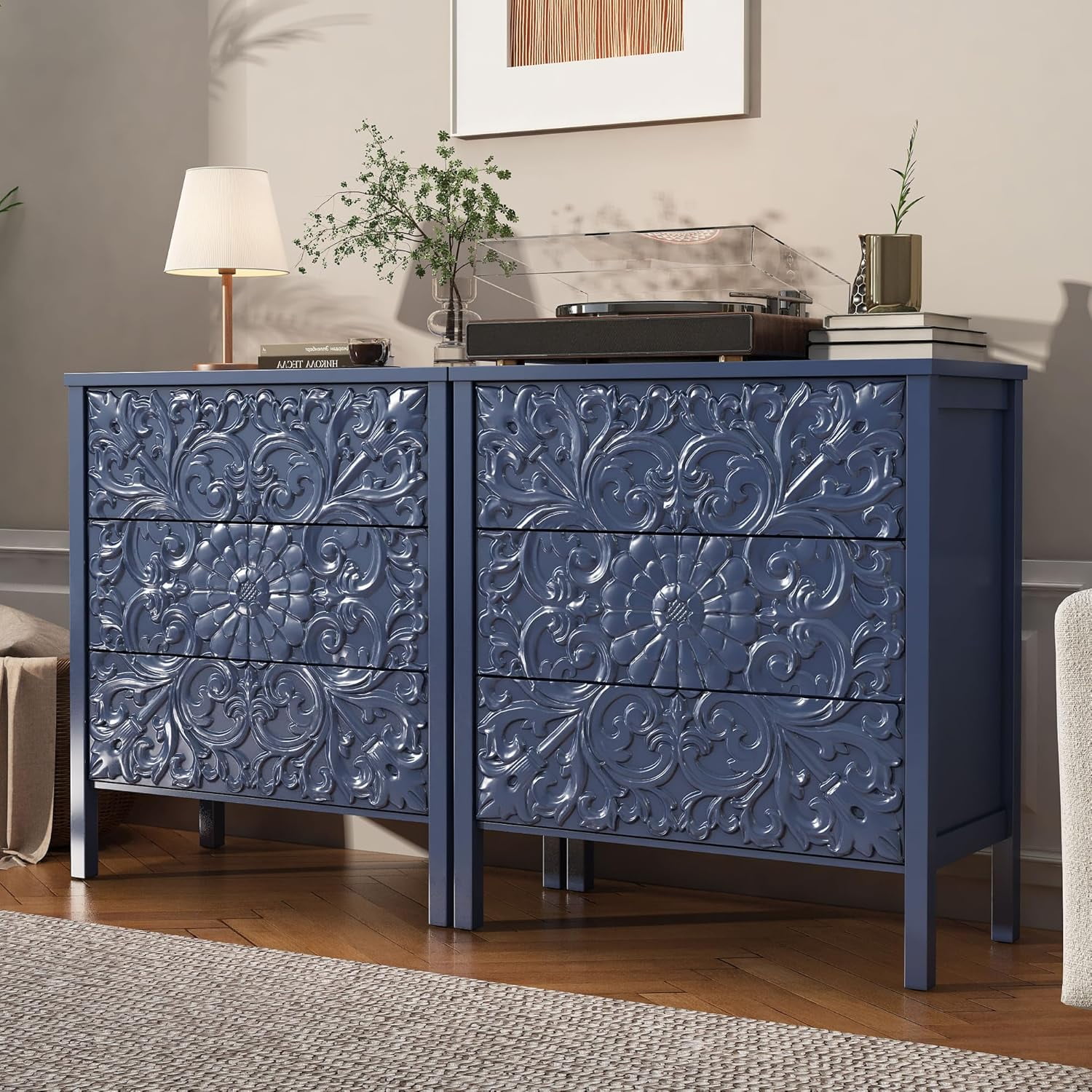 3-Drawer Dresser Chest, Modern Wooden Flower Motif Dressers with Wide ...