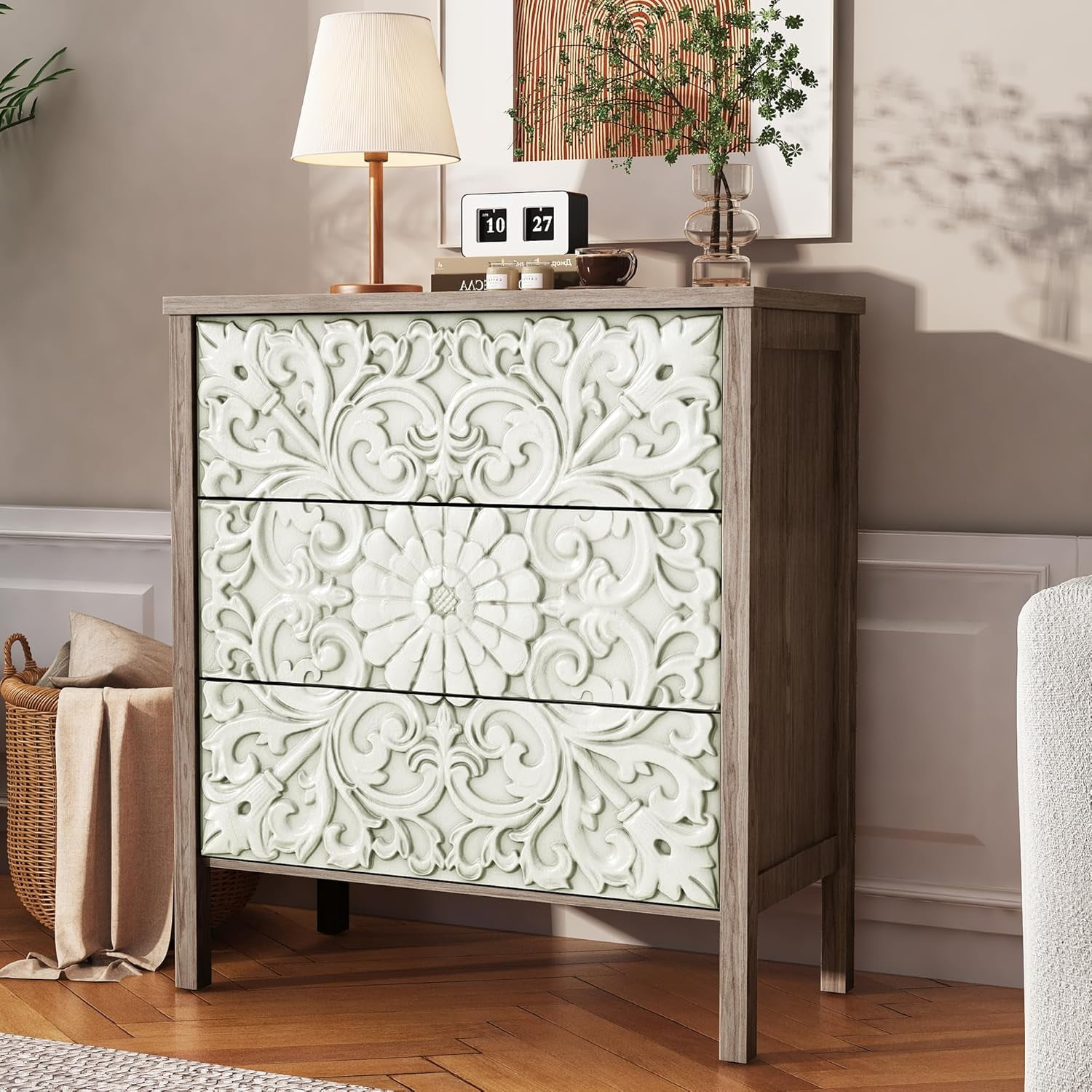 3-Drawer Dresser Chest, Modern Wooden Flower Motif Dressers with Wide ...