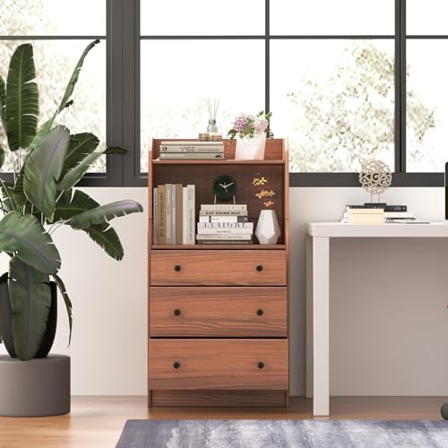 3 Drawer Dresser, Modern Chest of Drawers with 2 Open Shelves & 3 Pull ...