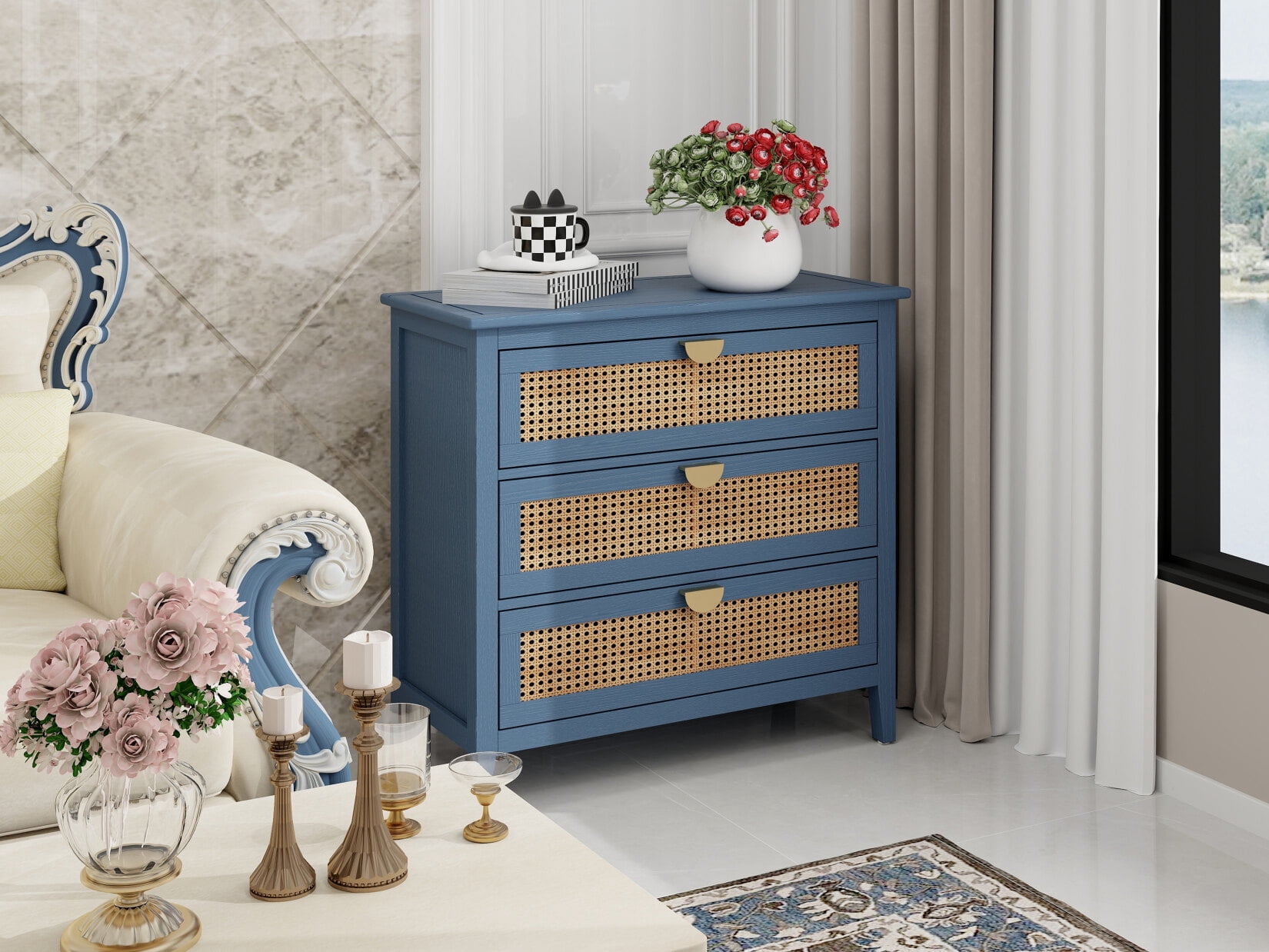 3 Drawer Dresser, Rattan Sideboard Storage Cabinet with Metal Handles ...