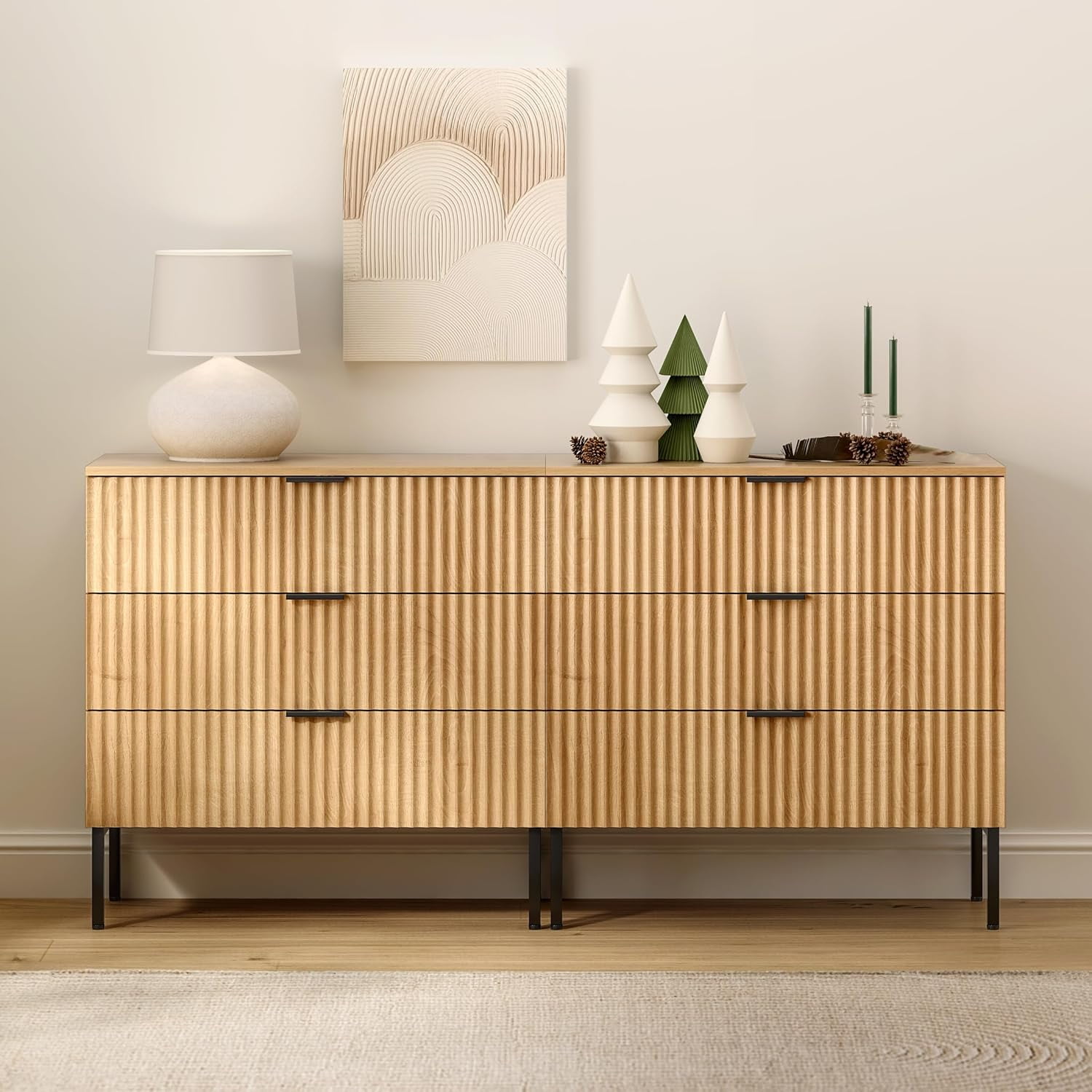 3 Drawer Dresser Set of 2, Fluted Chest of Drawers Large Bedside ...