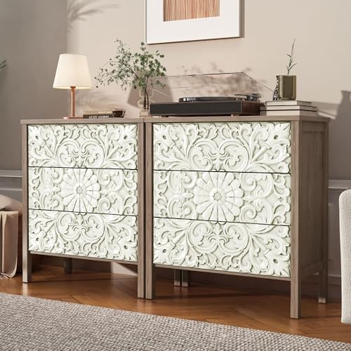 3 Drawer Dresser, Set of 2 Wooden Flower Motif Dresser with Wide ...