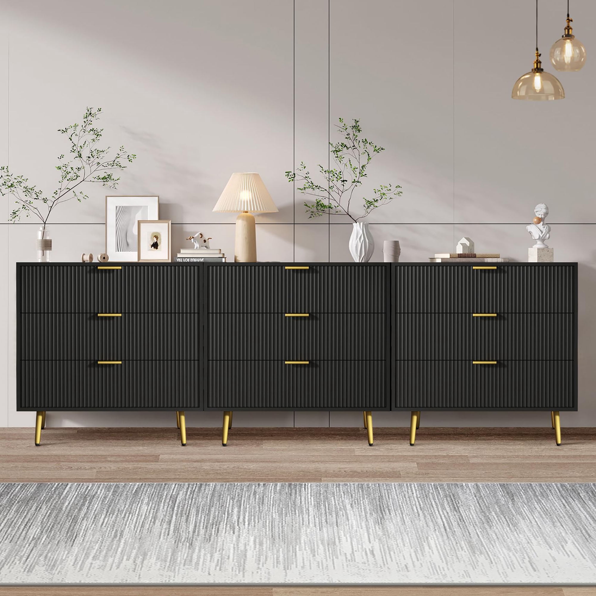 3 Drawer Dresser Set of 3 for Bedroom, Modern Fluted Dressers Chest of ...