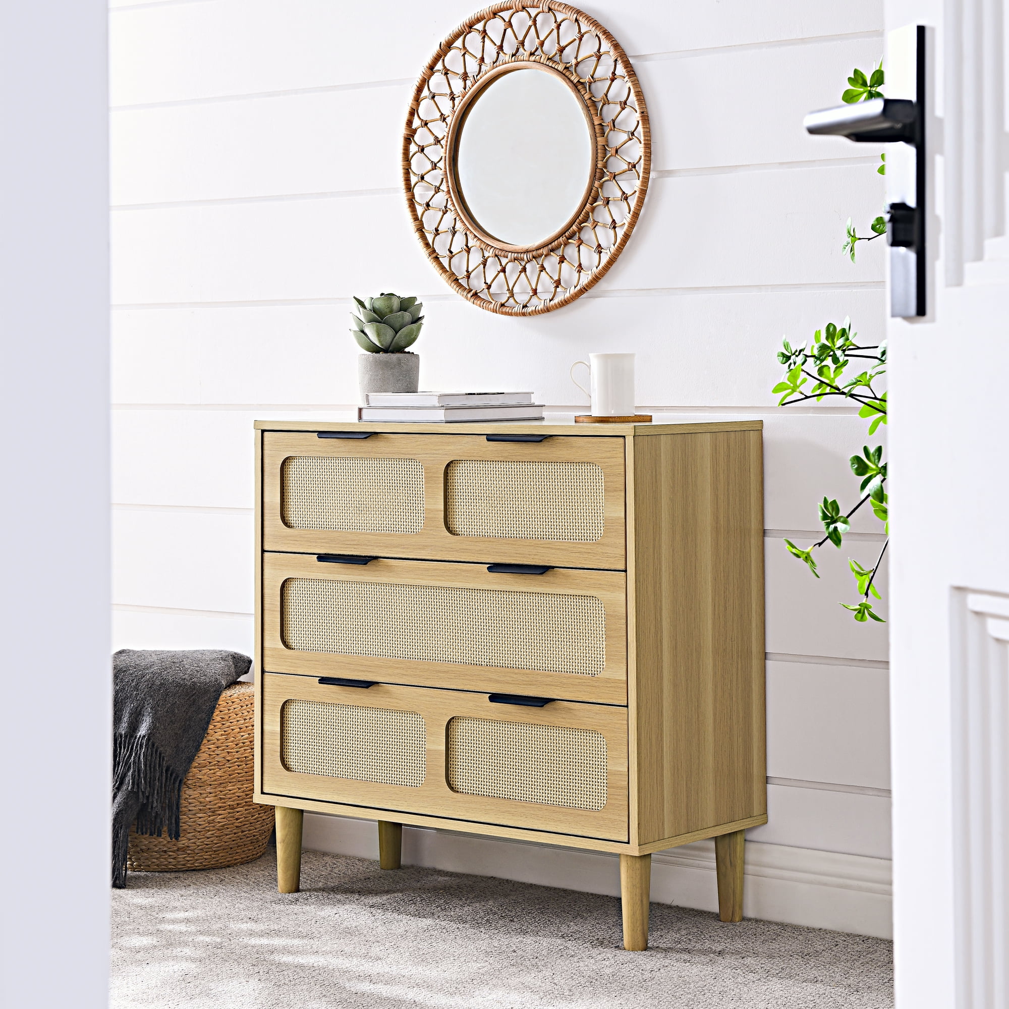 3 Drawer Dresser With Metal Handles, 3 Wide Drawers Modern Rattan ...