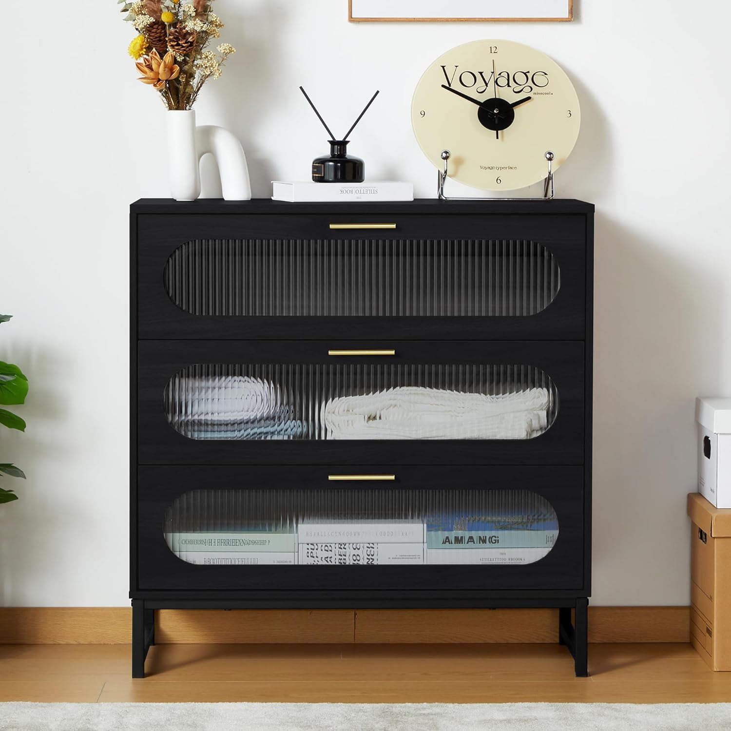 3 Drawer Dresser, Wooden Dresser with Tempered Glass Drawers and Metal ...