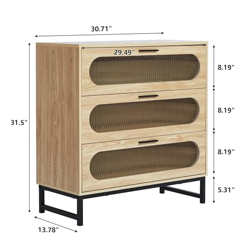 3 Drawer Dresser, Wooden Dresser with Tempered Glass Drawers and Metal ...