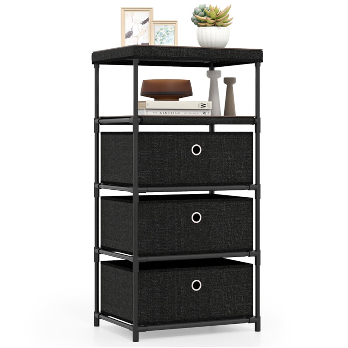 3-Drawer Fabric Storage Cabinet with Wood Top, 32" Tall Industrial ...