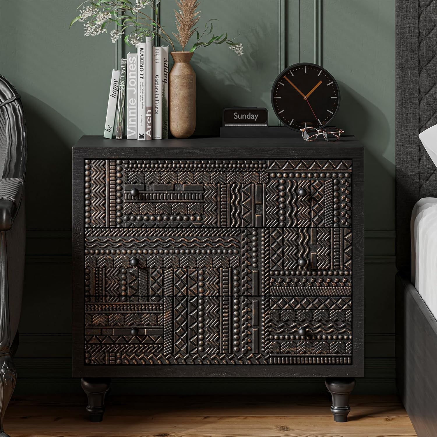 3 Drawer Farmhouse Dresser with Geometric Carved Pattern, Vintage ...