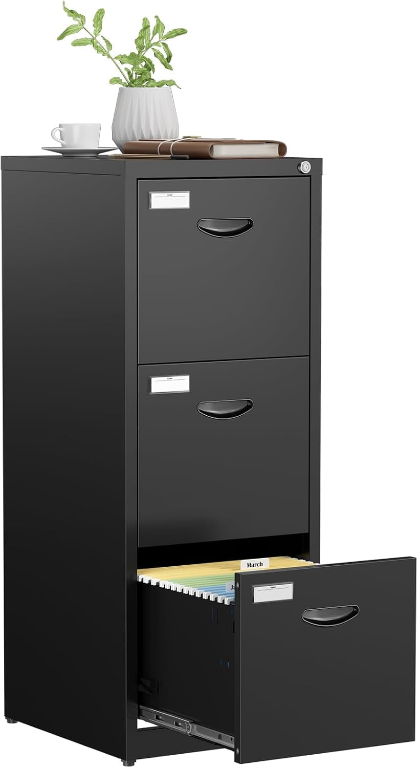 3 Drawer File Cabinet,Black Metal Filing Cabinet with Lock,Three Drawer ...