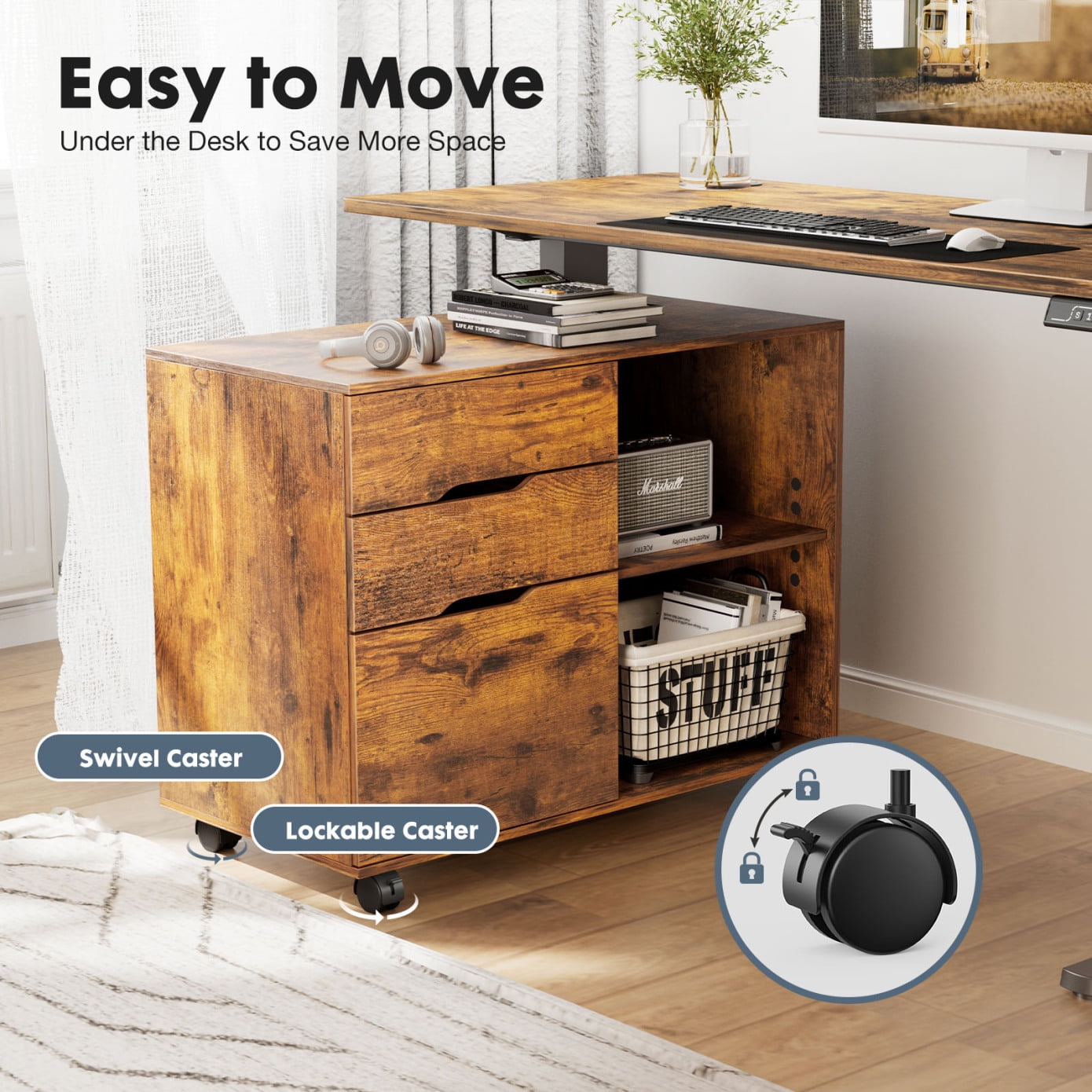 3 Drawer File Cabinet, Lateral Rolling Filing Cabinets Printer Stand ...