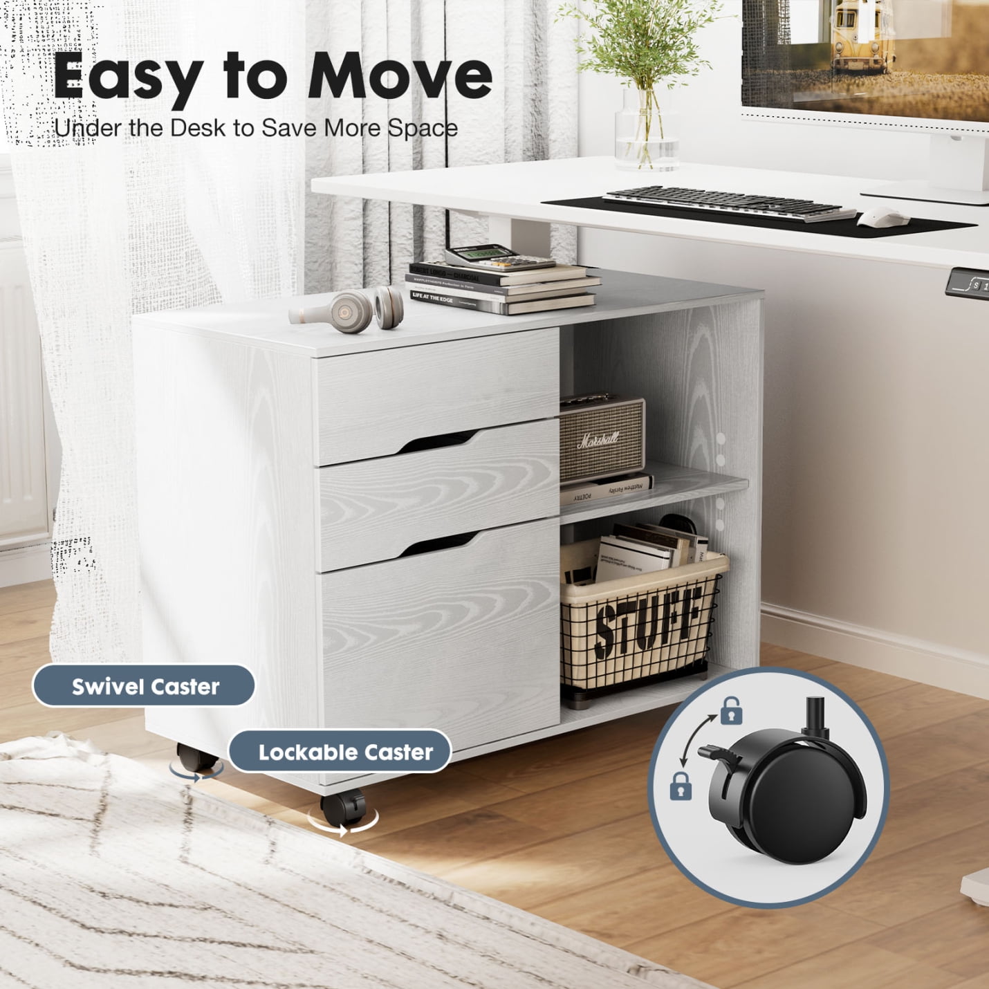 3 Drawer File Cabinet, Lateral Rolling Filing Cabinets Printer Stand ...