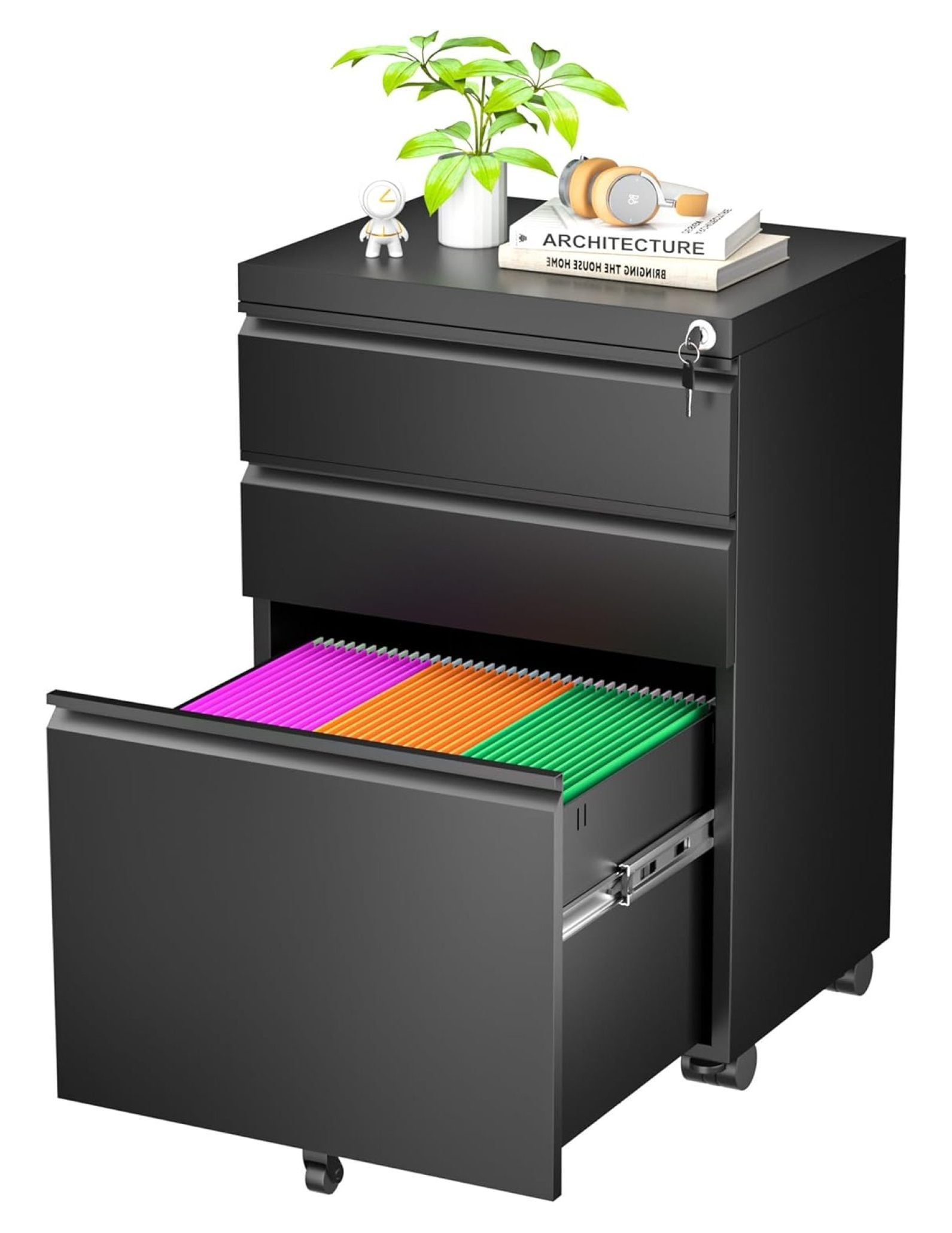 3 Drawer File Cabinet with Lock, Black Filing Cabinet on Wheels, Easy ...