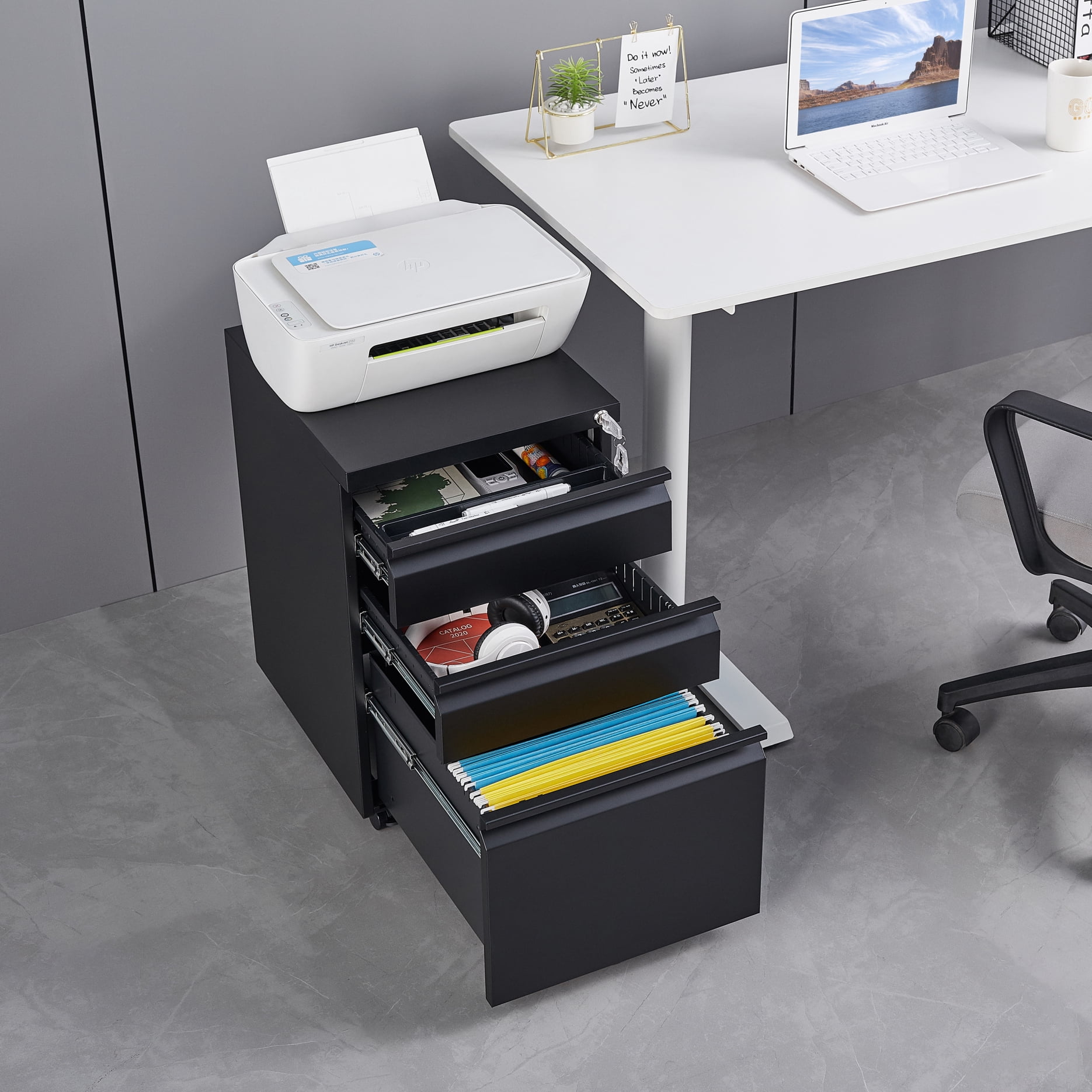 3 Drawer File Cabinet with Lock, Steel Mobile Filing Cabinet on Anti ...
