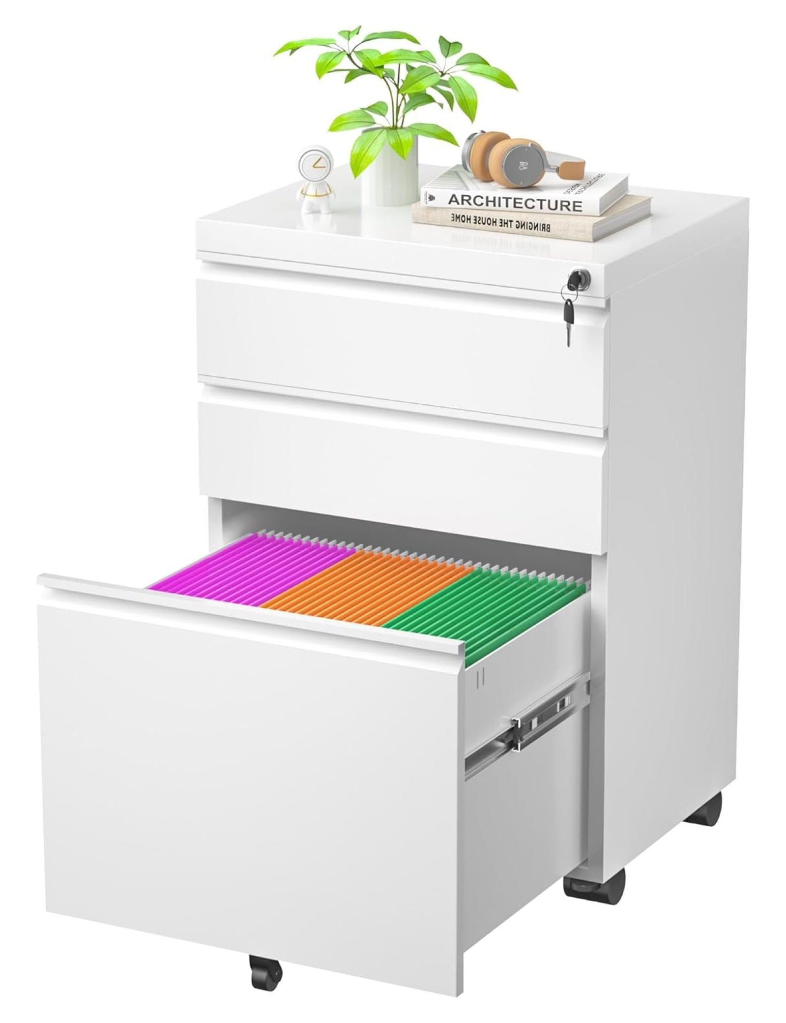 3 Drawer File Cabinet with Lock, White Filing Cabinet on Wheels, Easy ...