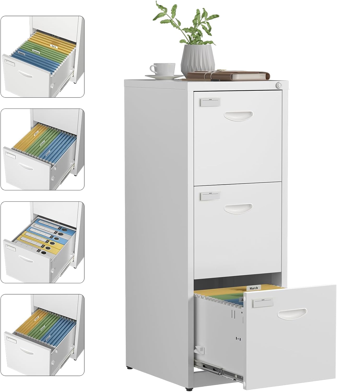 3 Drawer File Cabinet with Lock,White Metal Filing Cabinets for Home ...