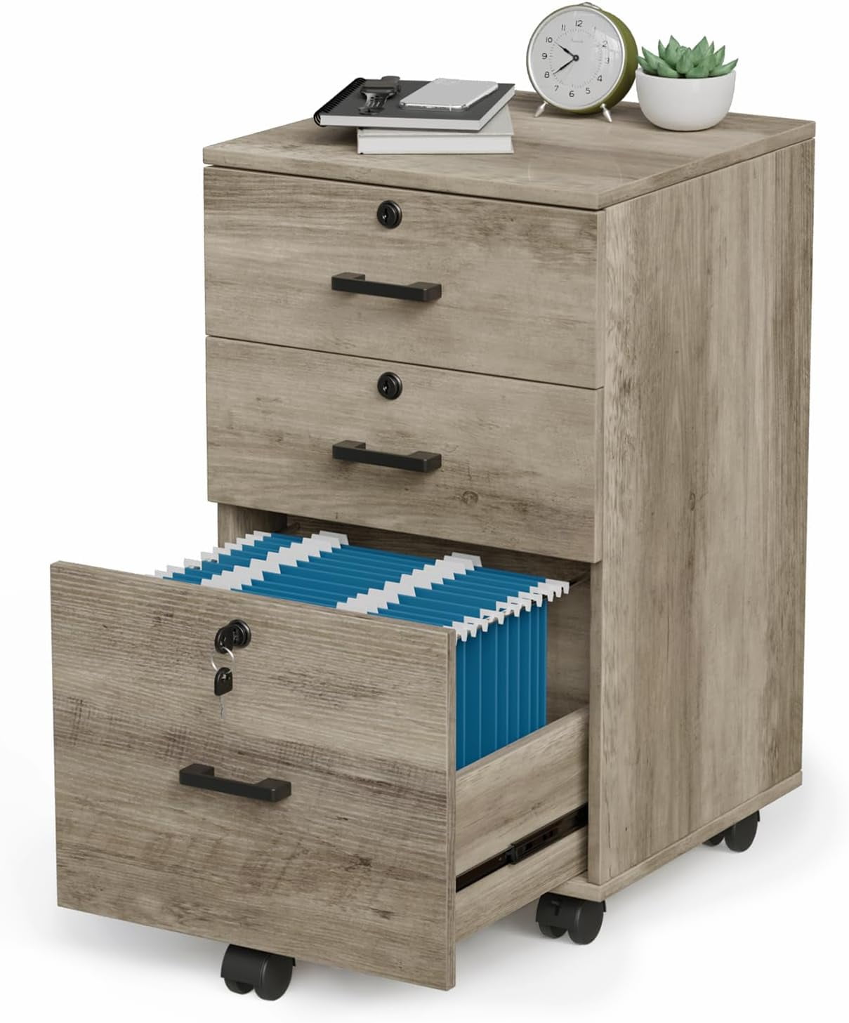3-Drawer File Cabinet with Lock, Wood Rolling Under Desk File Cabinets ...